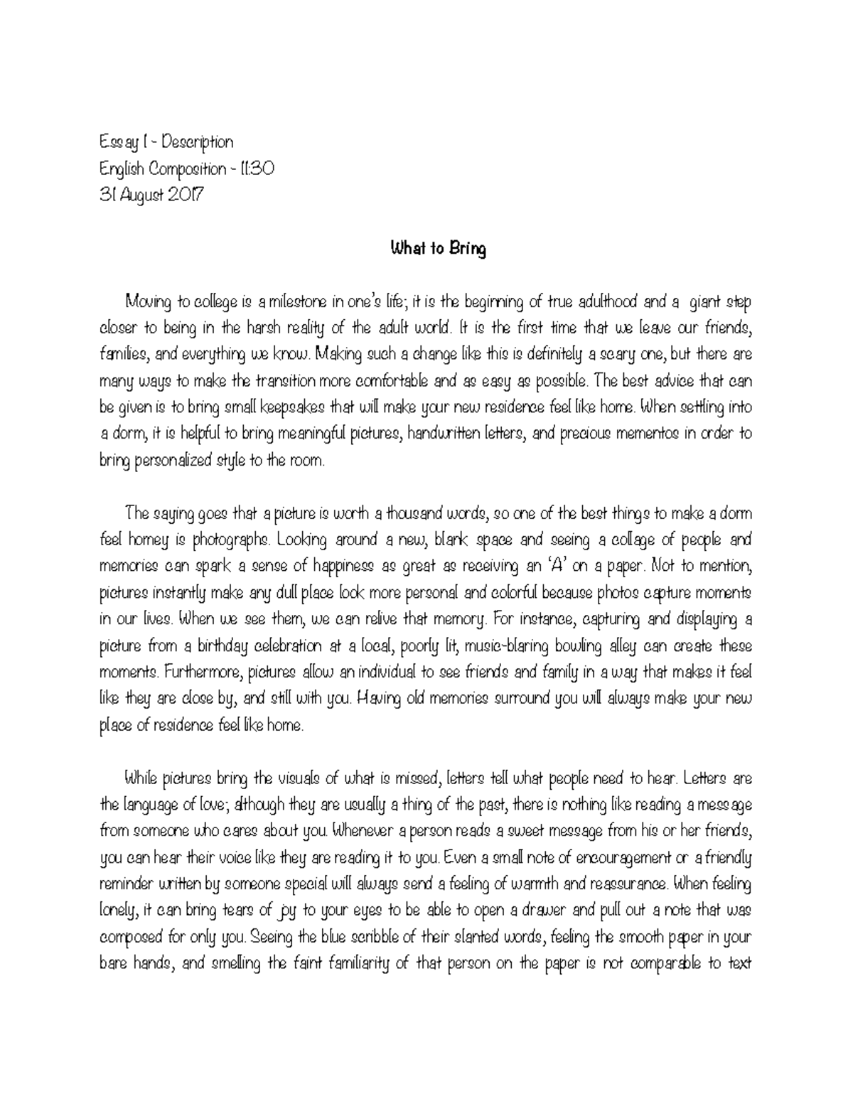 What to Bring - Mrs. Shumpert-Ebarb - Essay 1 - Description English ...