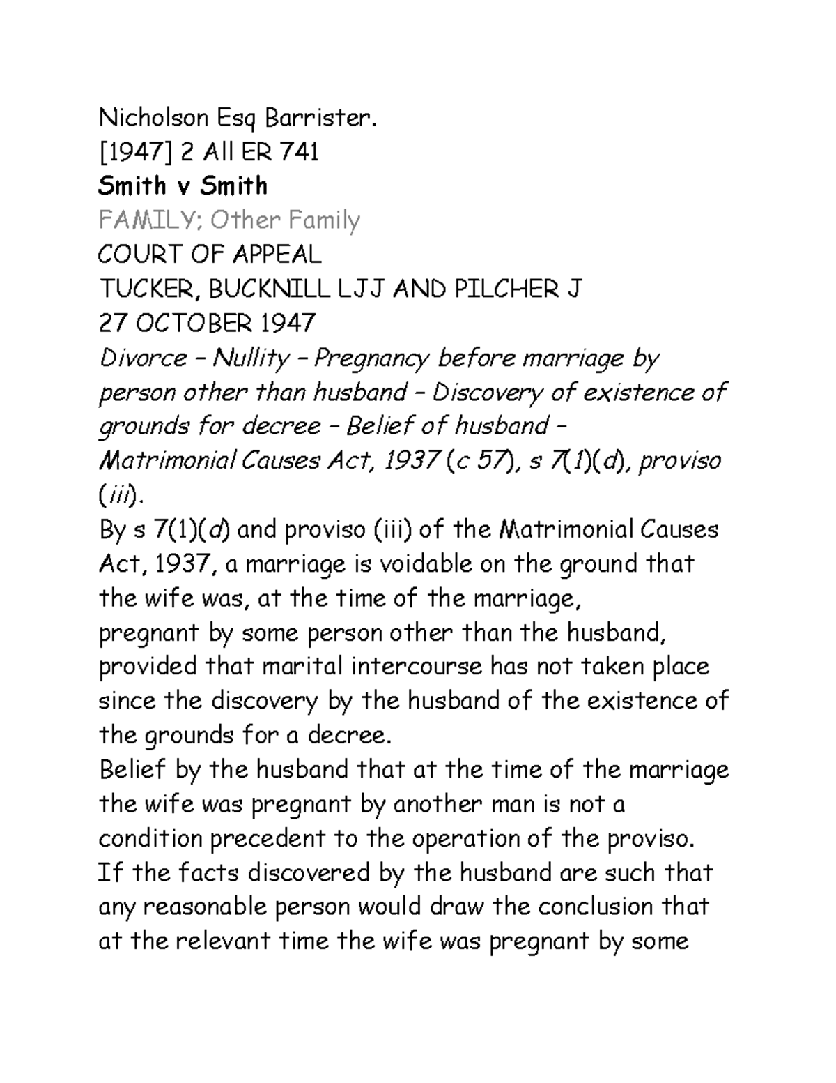 Smith v. smith - easy to understand - Nicholson Esq Barrister. [1947] 2 ...