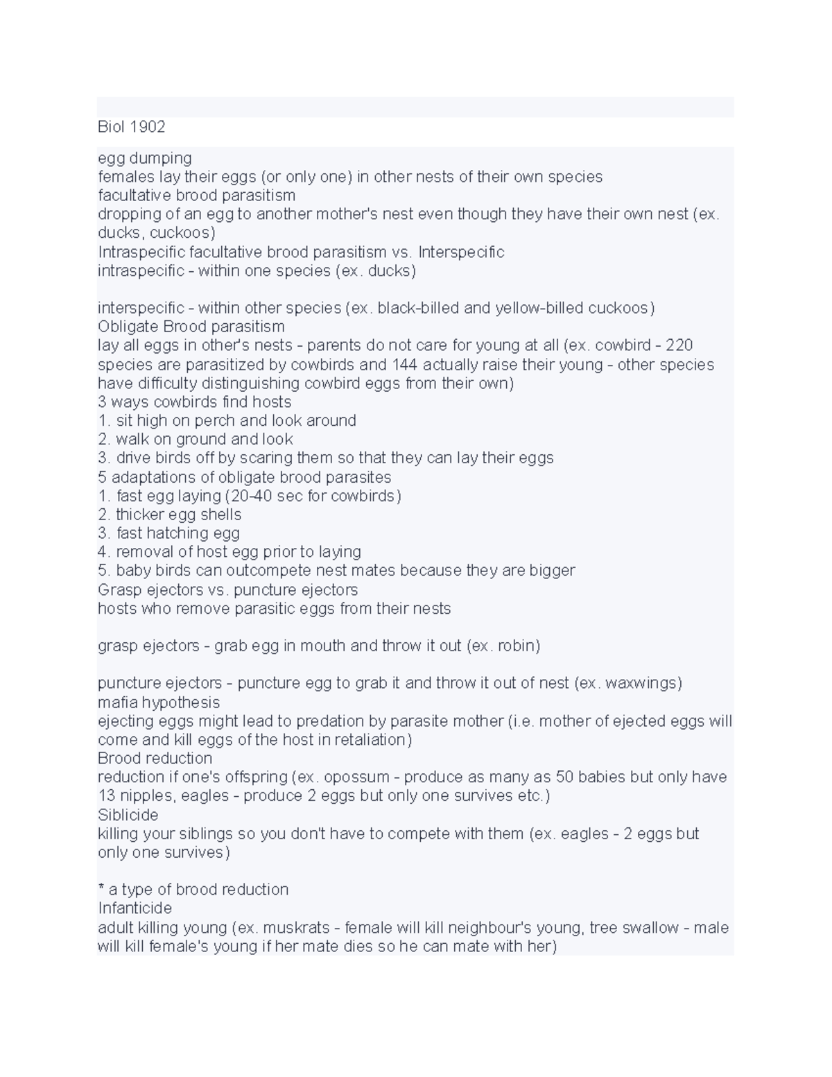 Biol 1902 - Biol 1902 egg dumping females lay their eggs (or only one ...