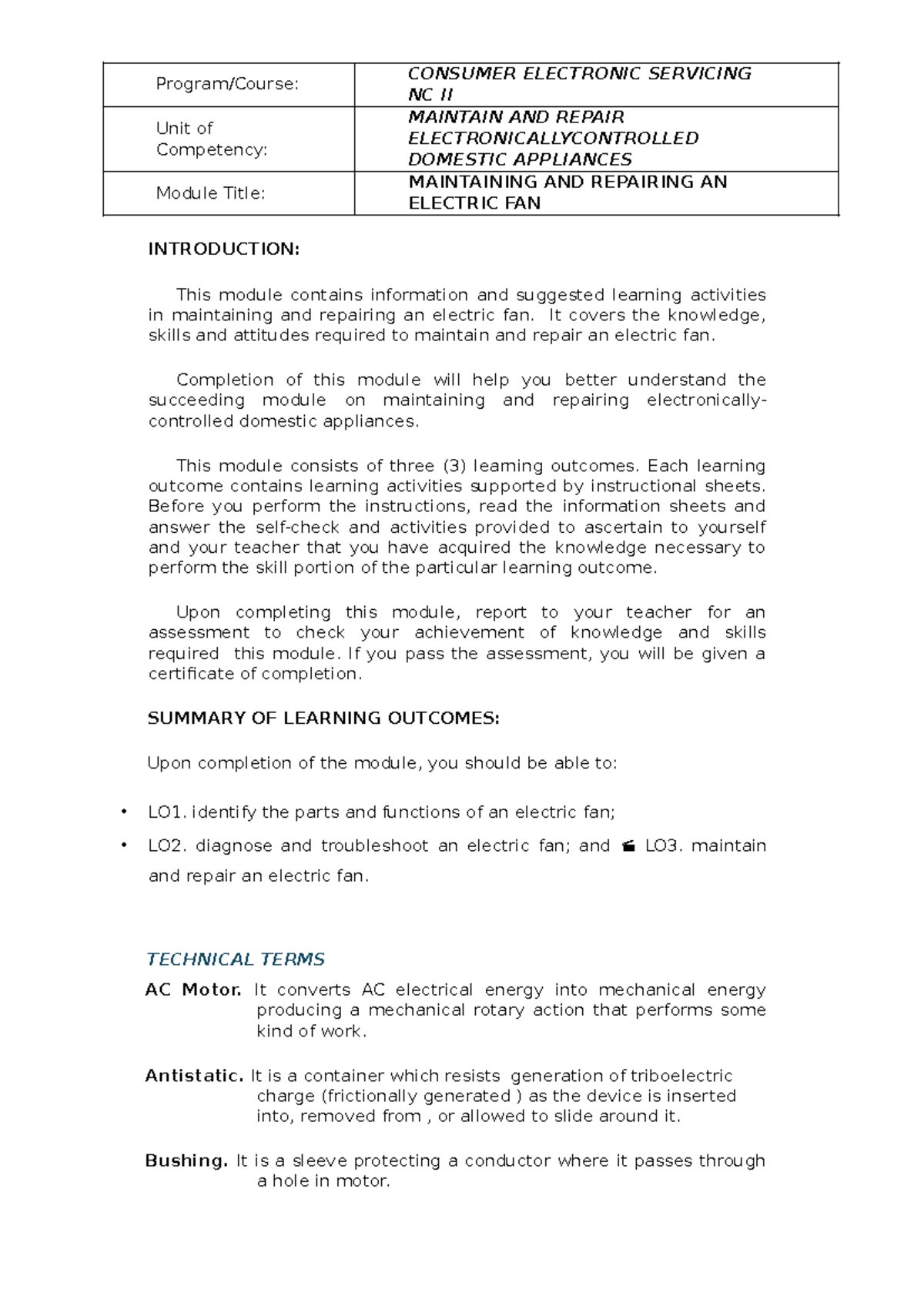 Grade 10 - Electronics Module - Program/Course: CONSUMER ELECTRONIC ...