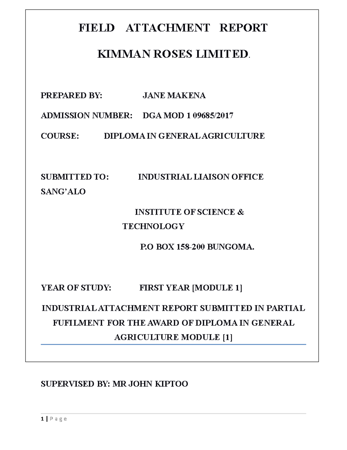 Field Attachment Report - FIELD ATTACHMENT REPORT KIMMAN ROSES LIMITED ...
