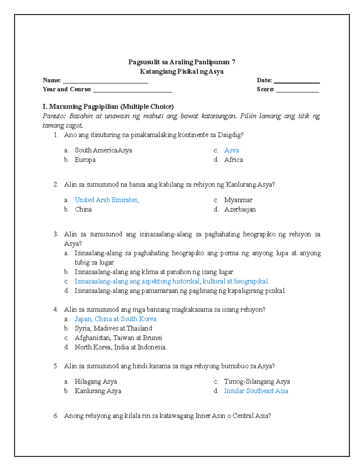 Pagsusulit sa Araling Panlipunan 7 Katangiang Pisikal ng Asya Test ...