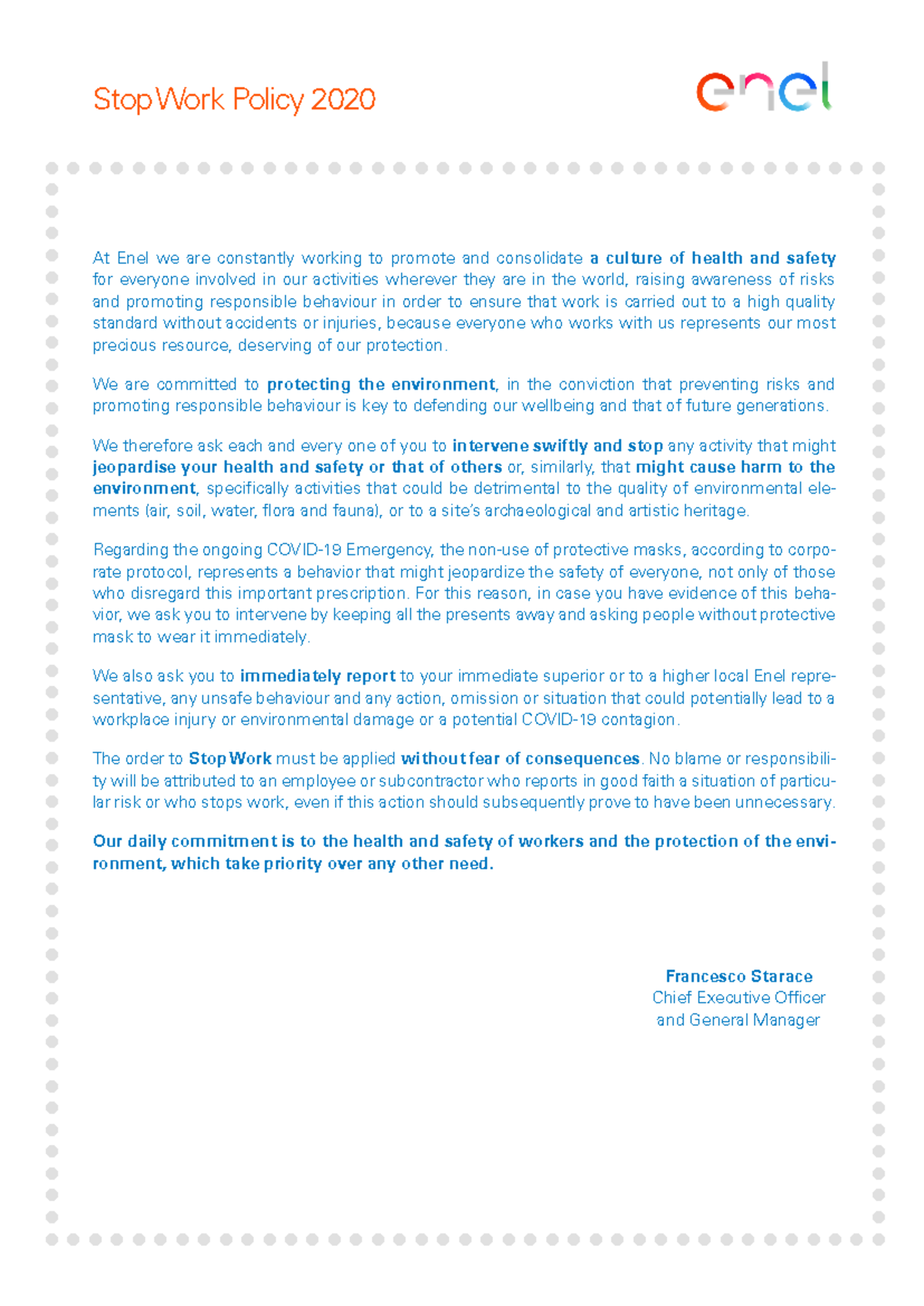 Enel Stop Work Policy 2020 English - Stop Work Policy 2020 At Enel we ...