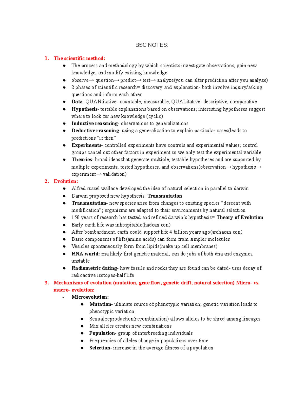 Bsc notes exam 1 - BSC NOTES: The scientific method: The process and ...