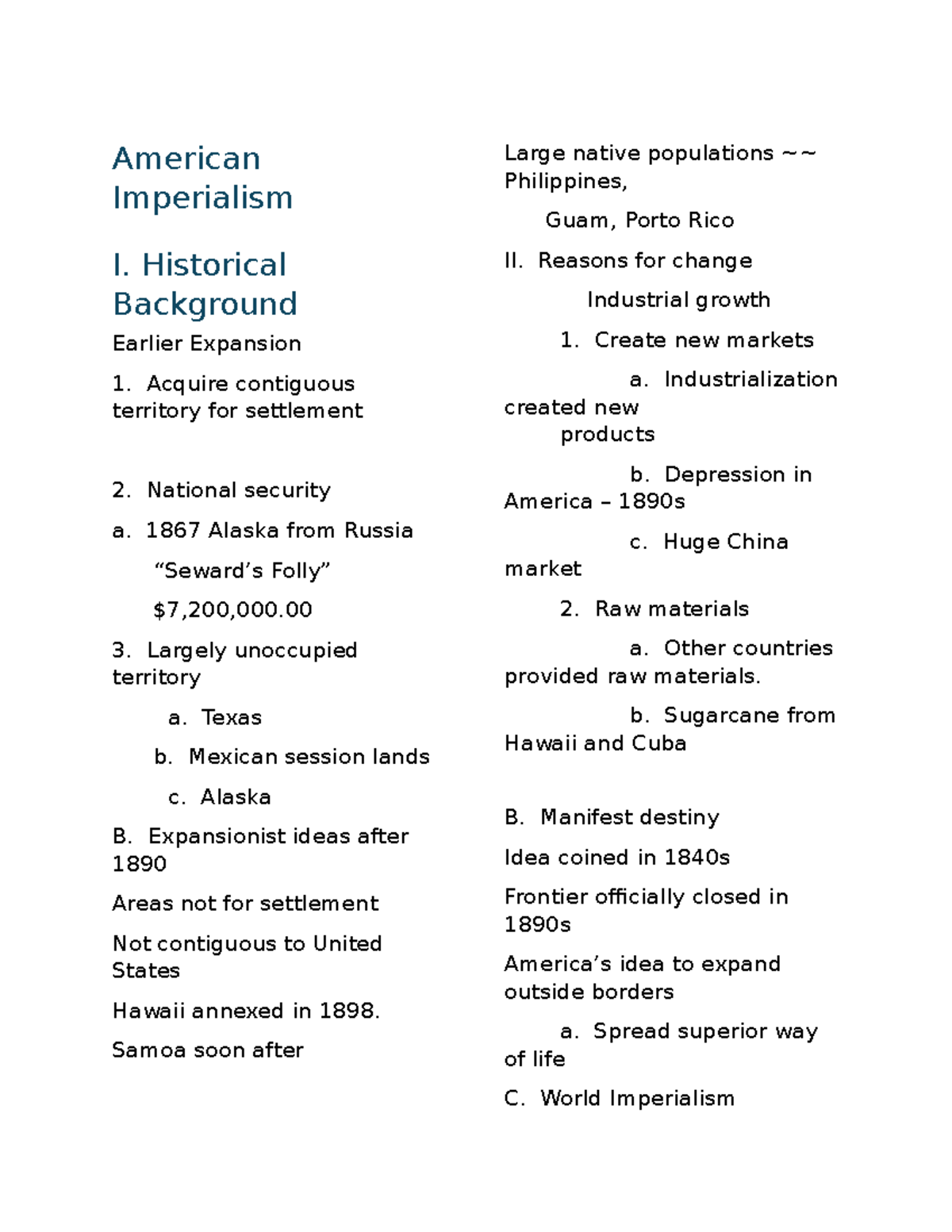 American Imperialism - notes - American Imperialism I. Historical ...