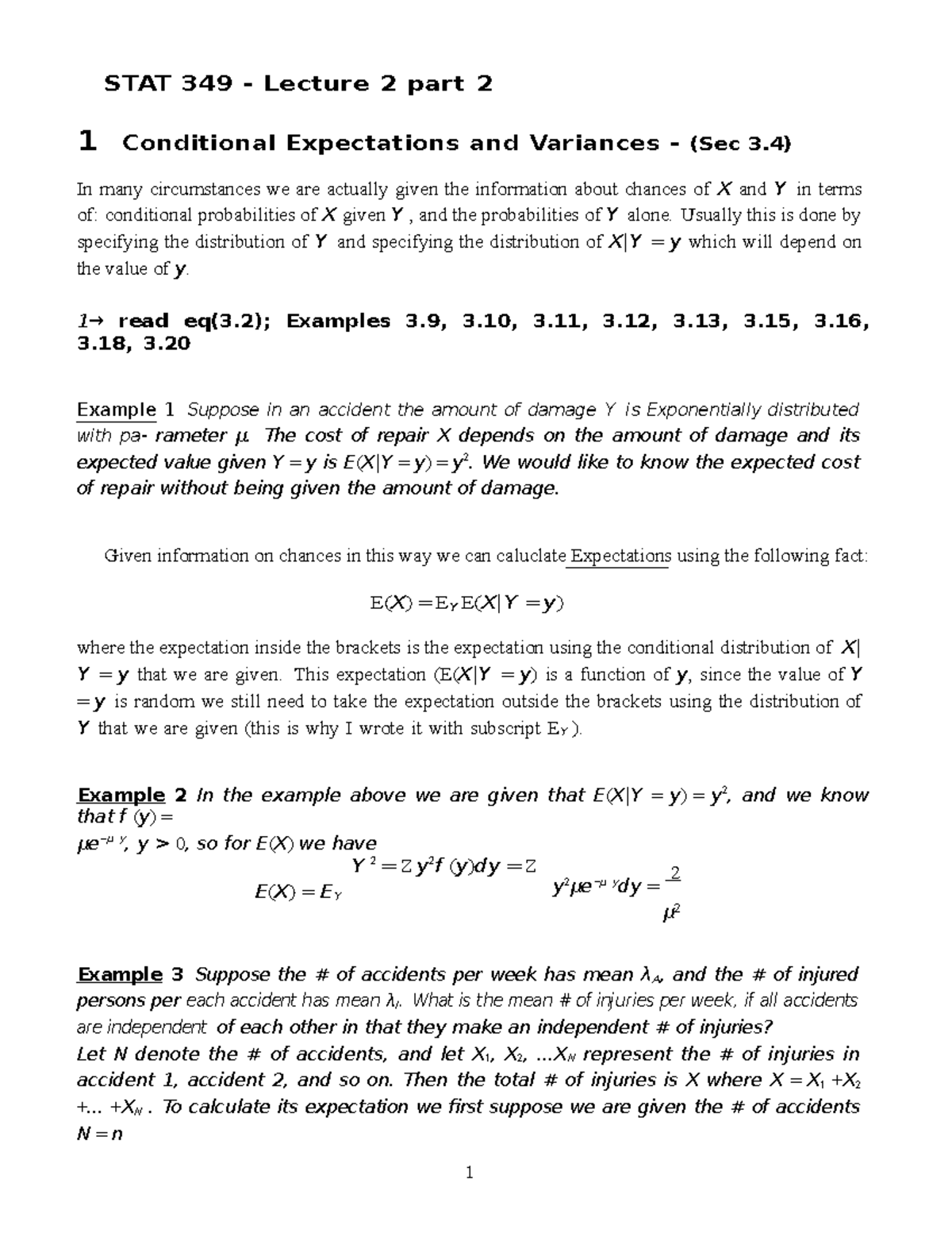 Stat349-lec2-2 - lecture 2 part 2 - 1 STAT 349 - Lecture 2 part 2 1 Conditional Expectations and ...