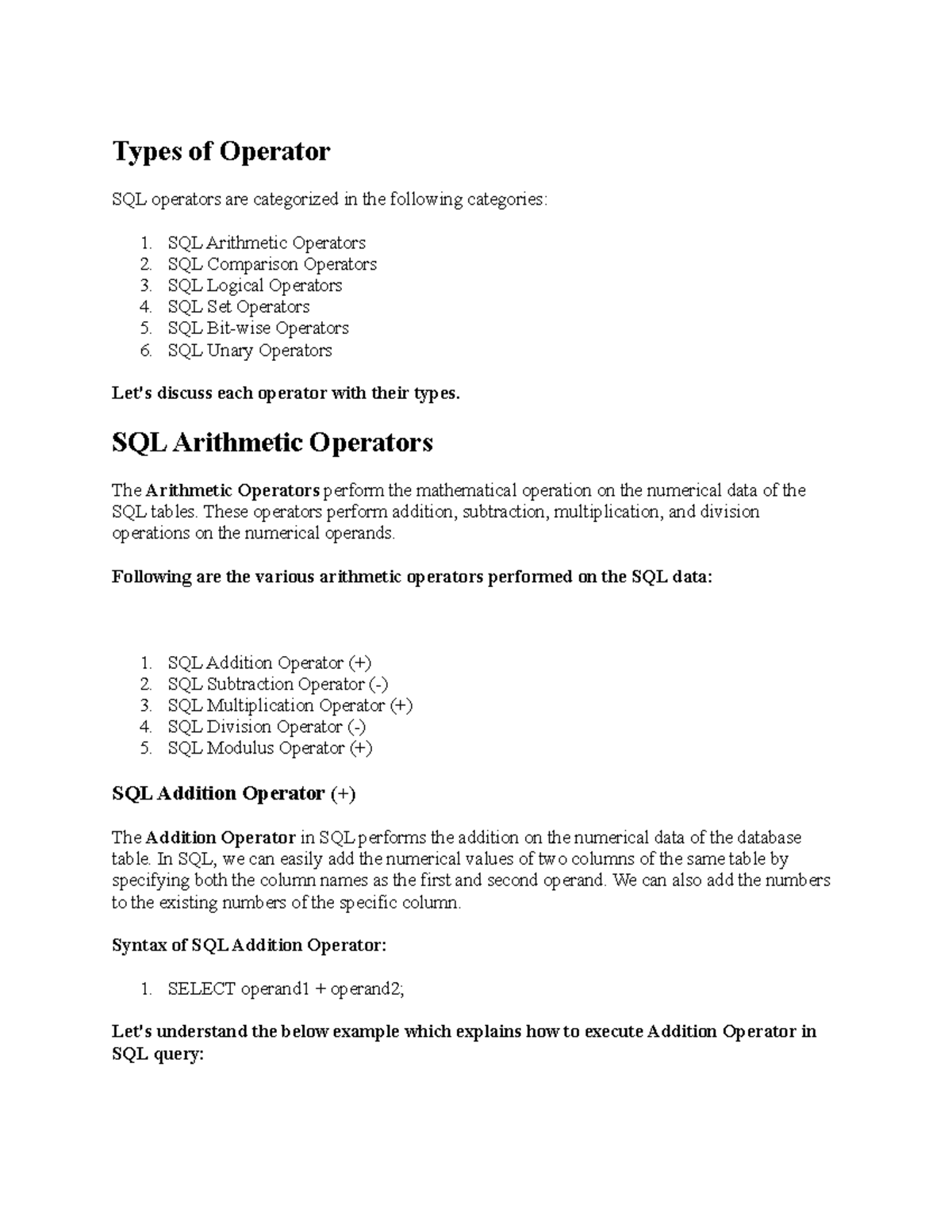Types of Operator - TNXS - Types of Operator SQL operators are ...