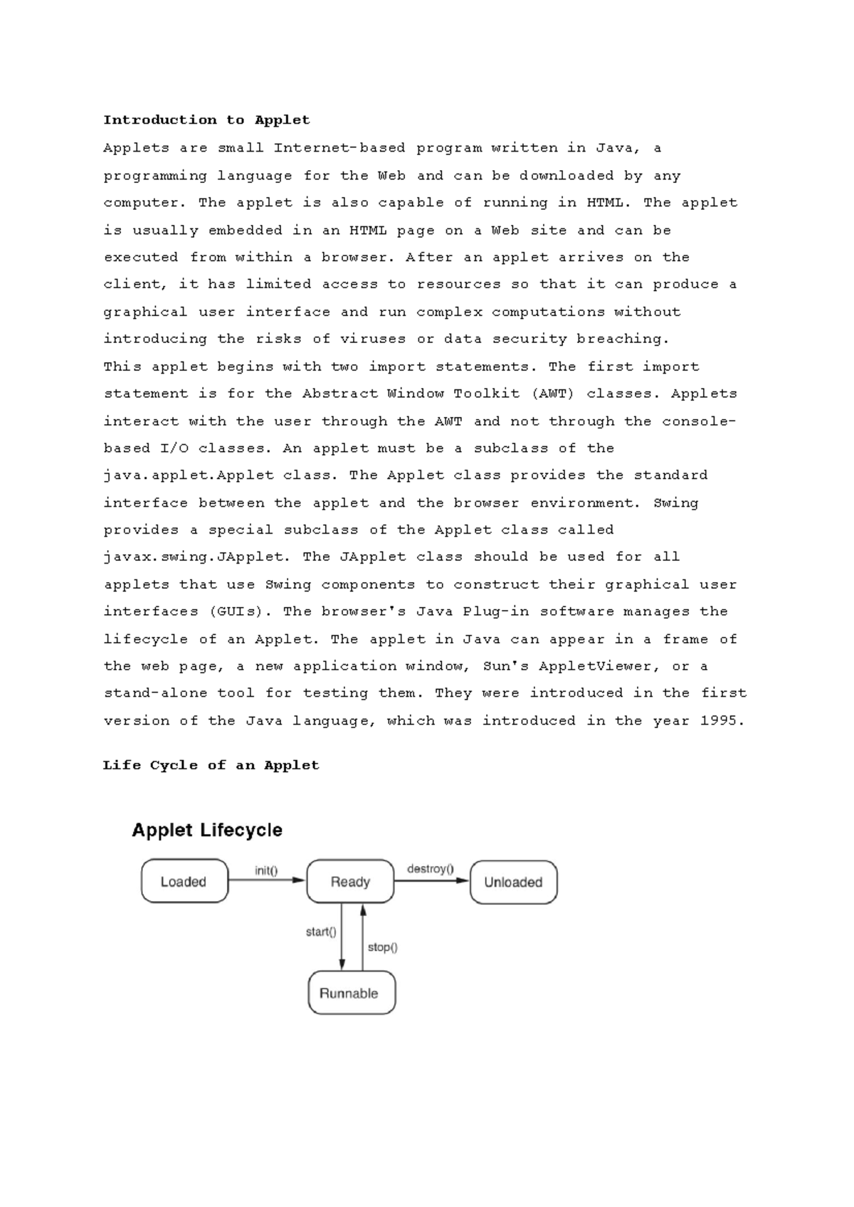 JPR UNIT 5 - dedwefwef - Introduction to Applet Applets are small ...