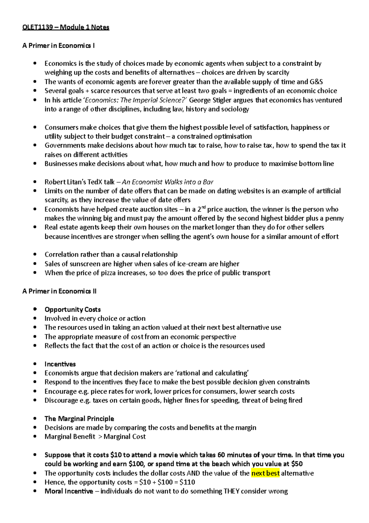 Module 1 Notes - OLET1139 – Module 1 Notes A Primer in Economics I ...