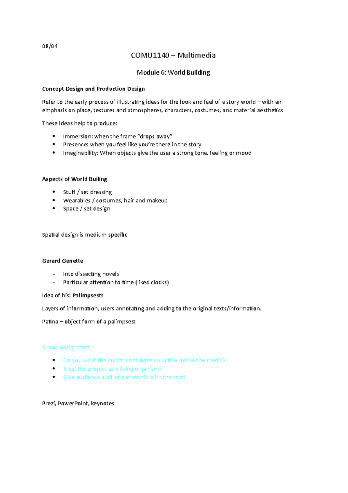 Module 6 - World Building - 08/ COMU1140 – Multimedia Module 6: World ...