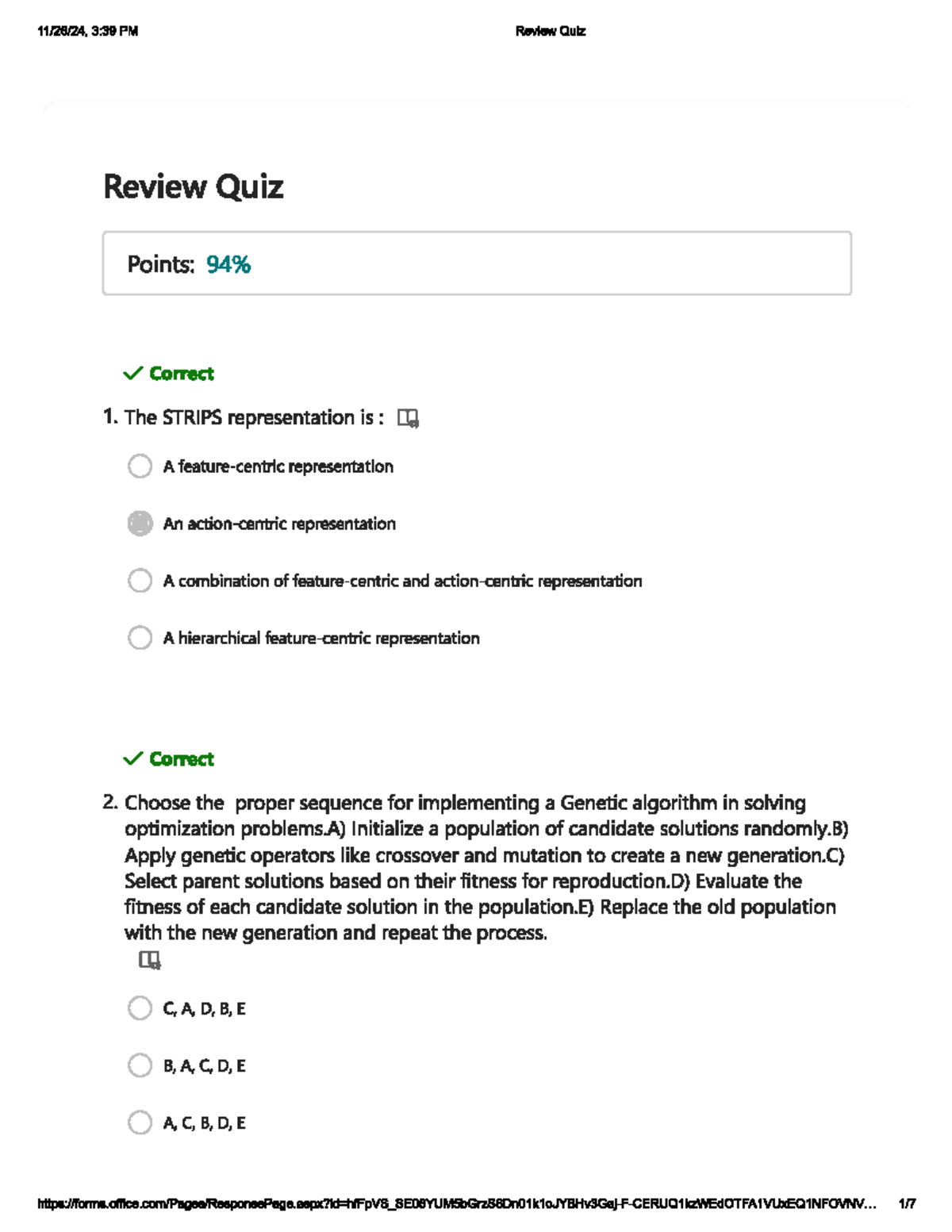 COMP472 review quiz - 3:39 PM Review Quiz Review Quiz Points: Correct 1 ...