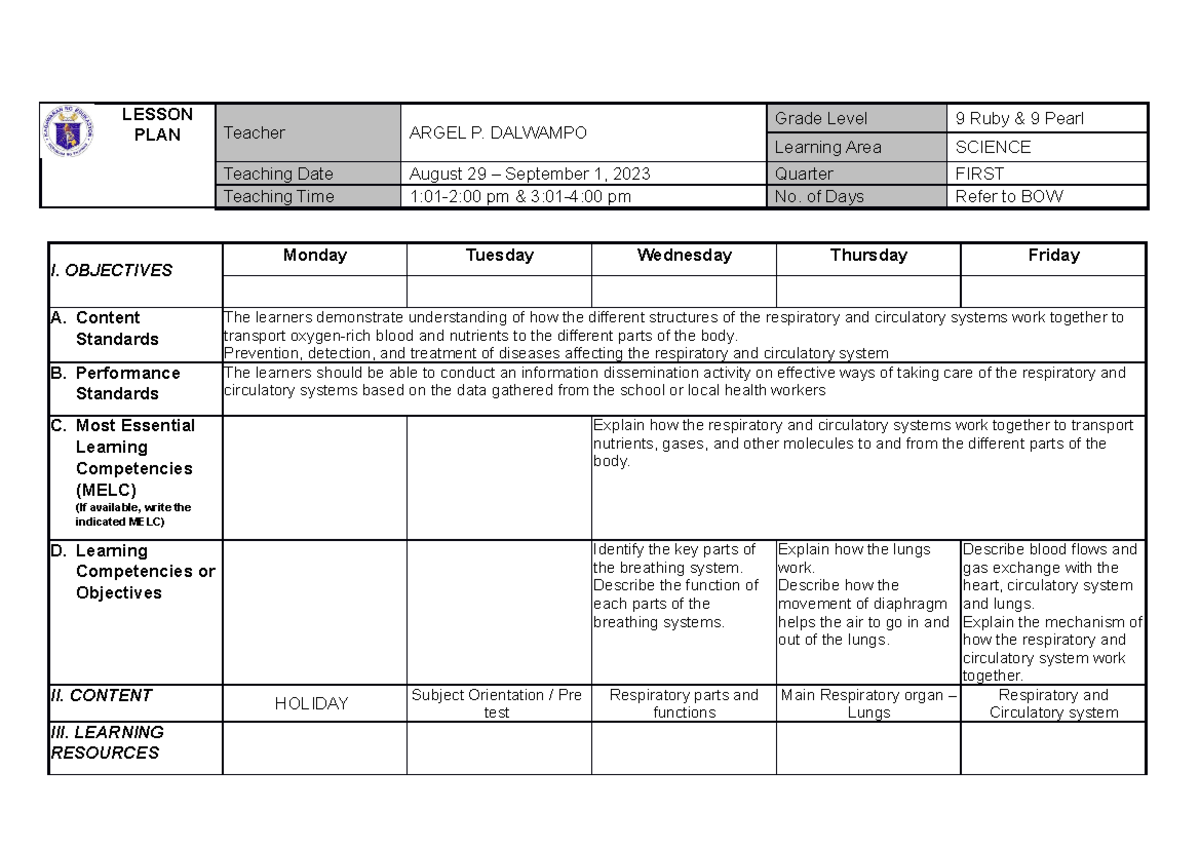 1st qtr week 1 - DLL - LESSON PLAN Teacher ARGEL P. DALWAMPO Grade ...