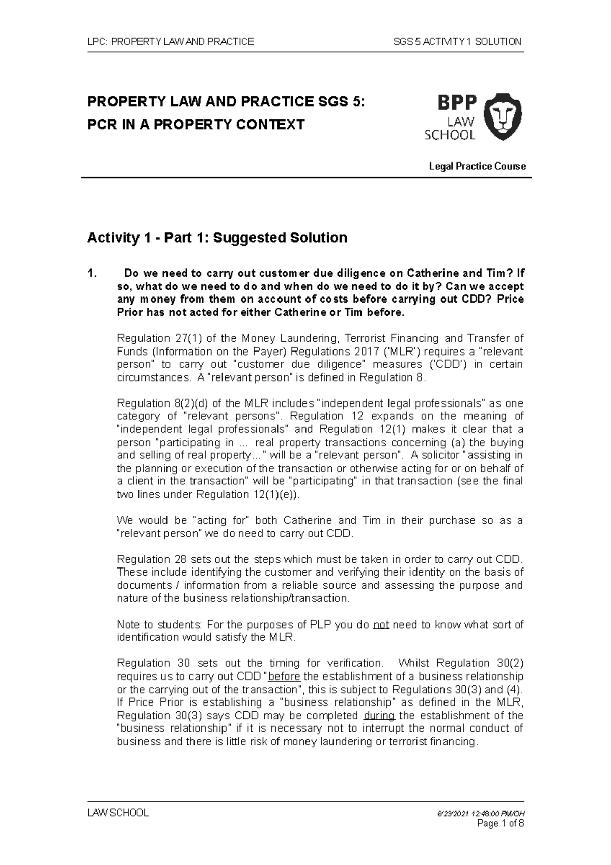 LPC: Property Law and Practice SGS 5 Activity 1 Solution - Studocu