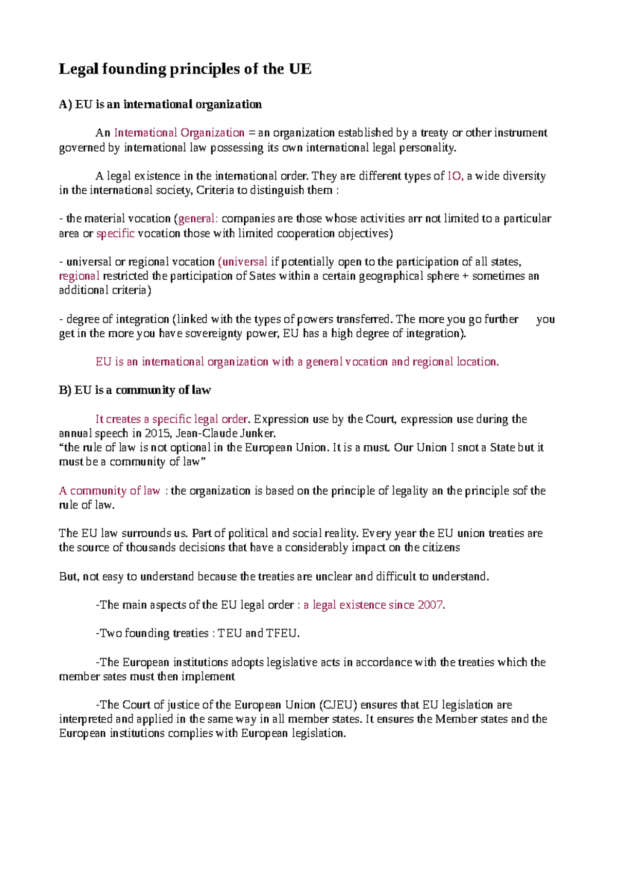 PFUE - Notes de cours PFUE - Legal founding principles of the UE A) EU ...