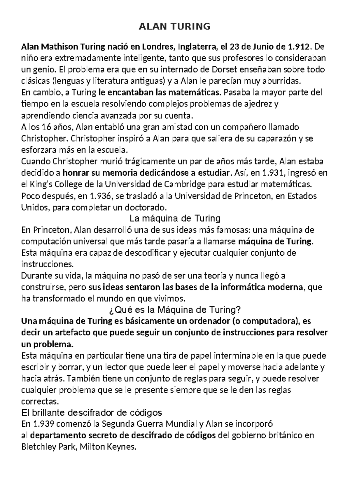 ALAN Turing - redaccion - ALAN TURING Alan Mathison Turing nació en Londres, Inglaterra, el 23 ...