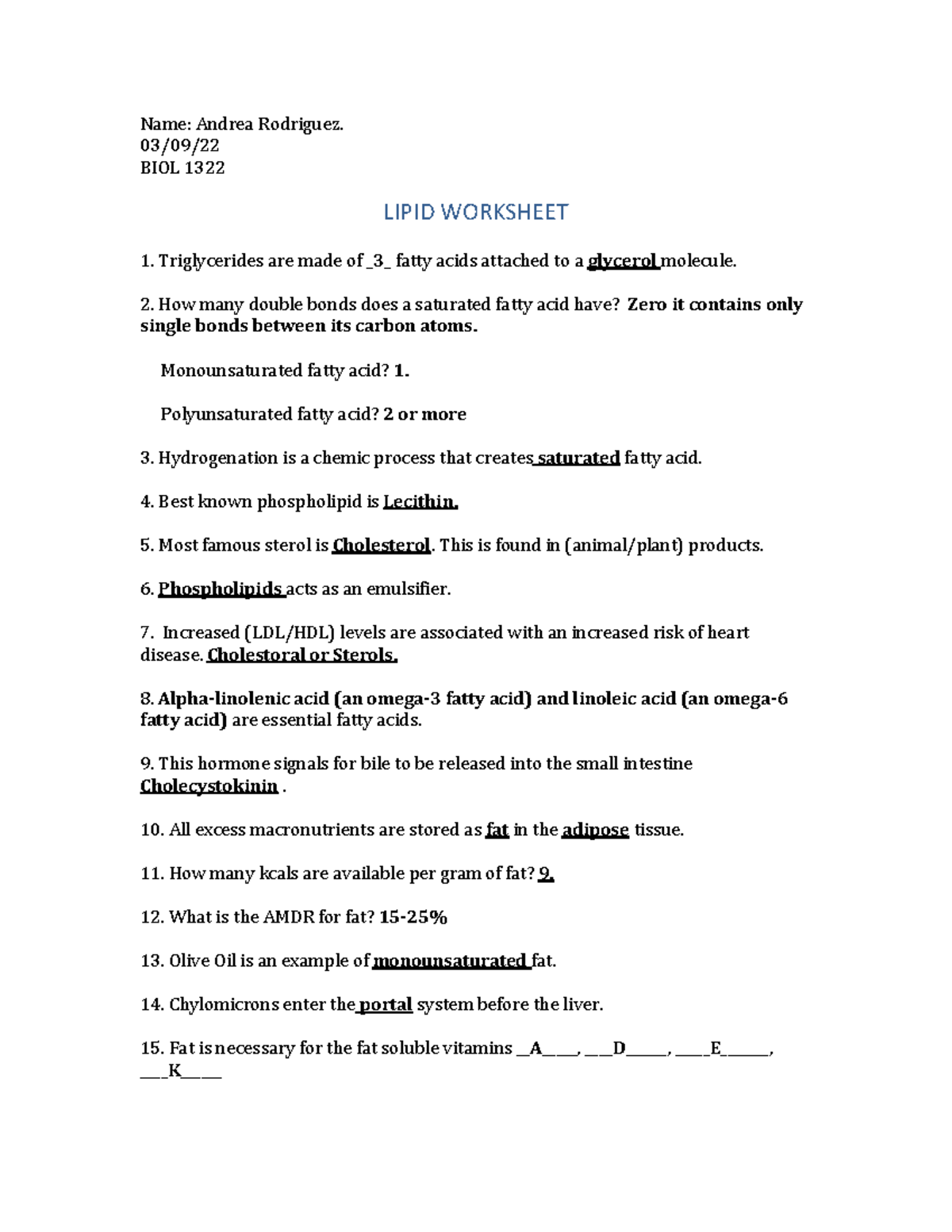 Lipids Worksheet-1 for BIOL 1406 - Name: Andrea Rodriguez. 03/09/ BIOL ...