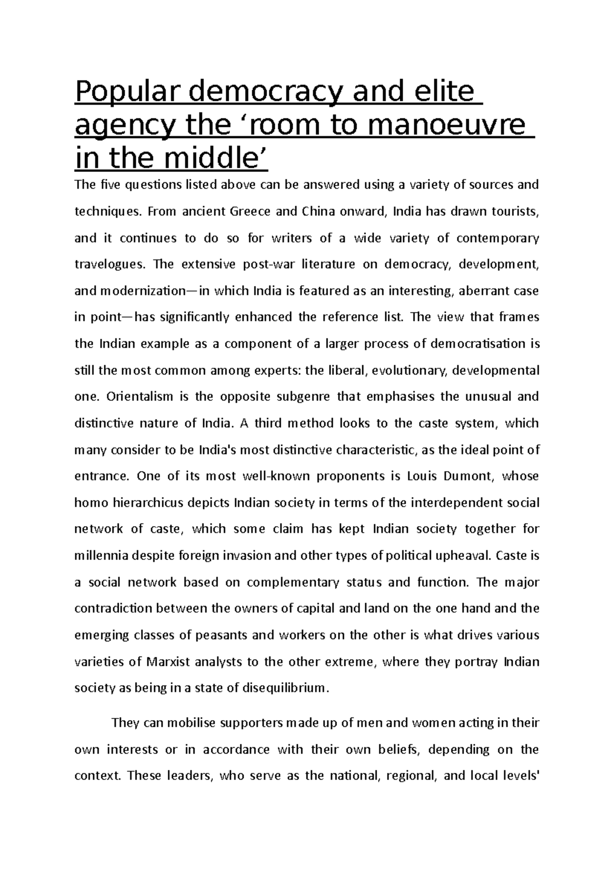 Popular democracy and elite agency the ‘room to manoeuvre in the middle ...