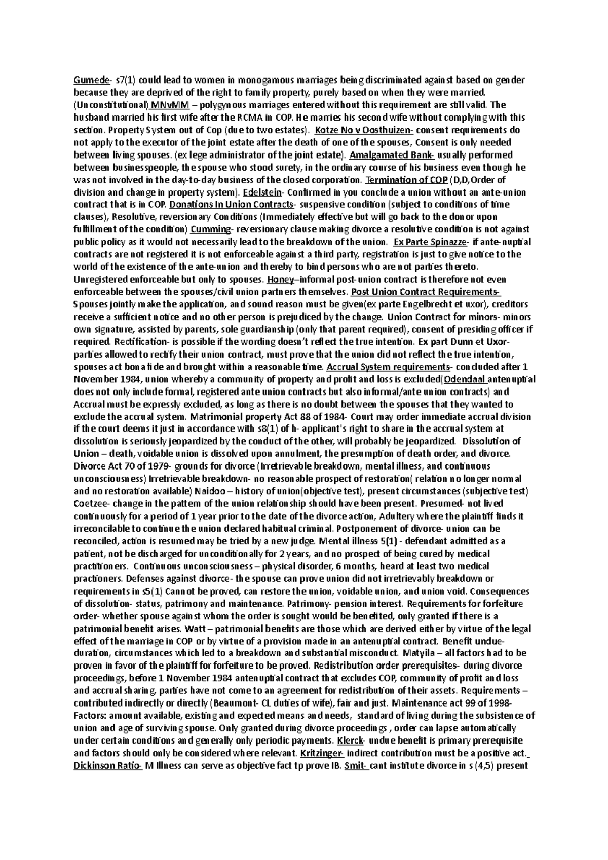 FMR Exam Cheat Sheet - Gumede- s7(1) could lead to women in monogamous ...