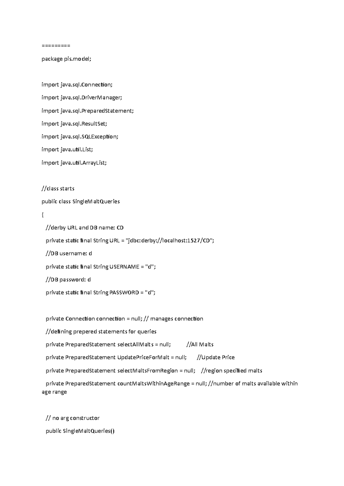 Queries class JAVA code - ========= package pis; import java.sql ...