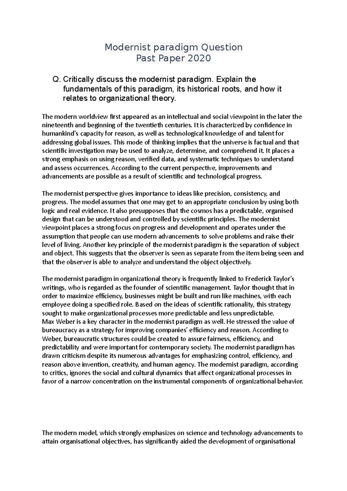 Modernist paradigm Question 1 - Modernist paradigm Question Past Paper ...