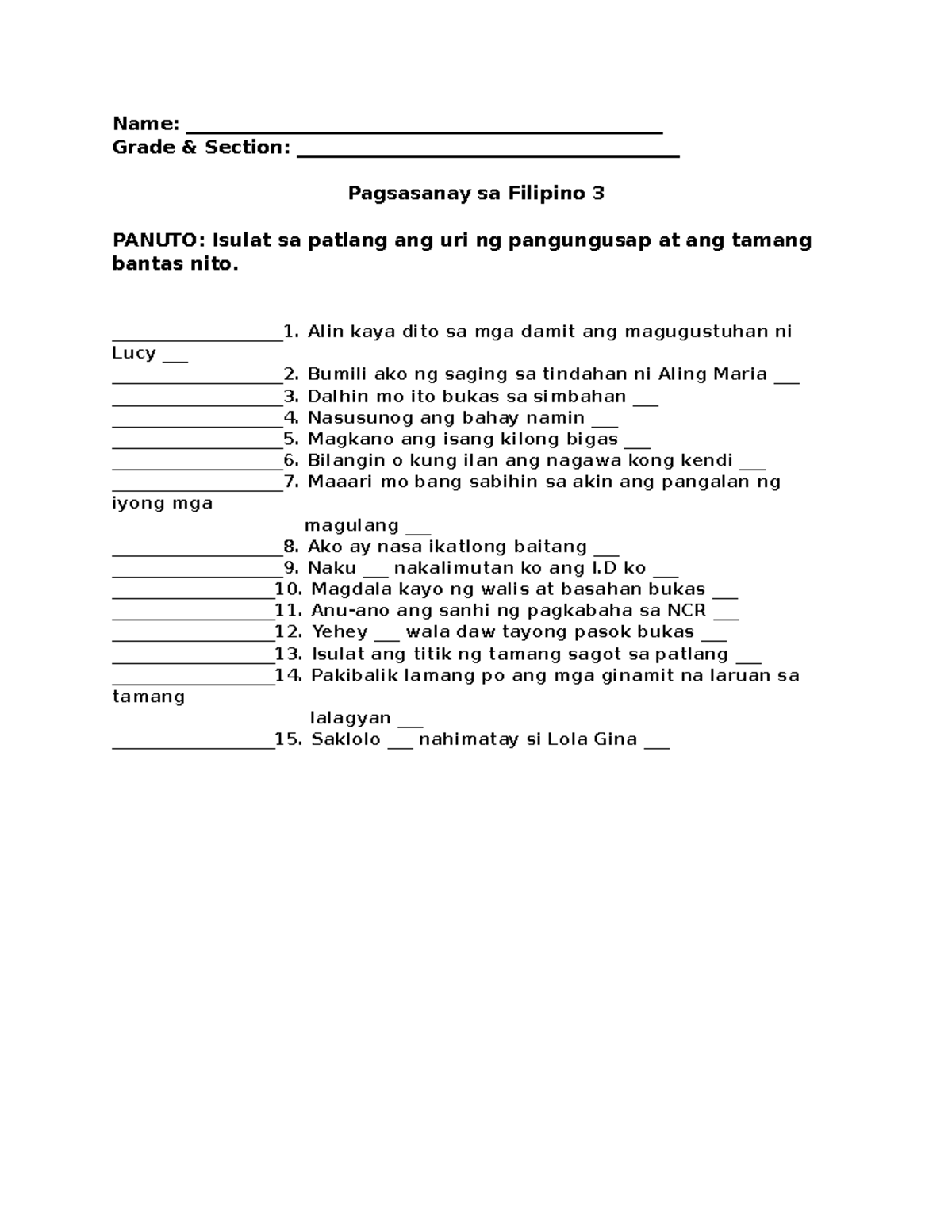 Pagsasanay sa filipino - Pangungusap - Name