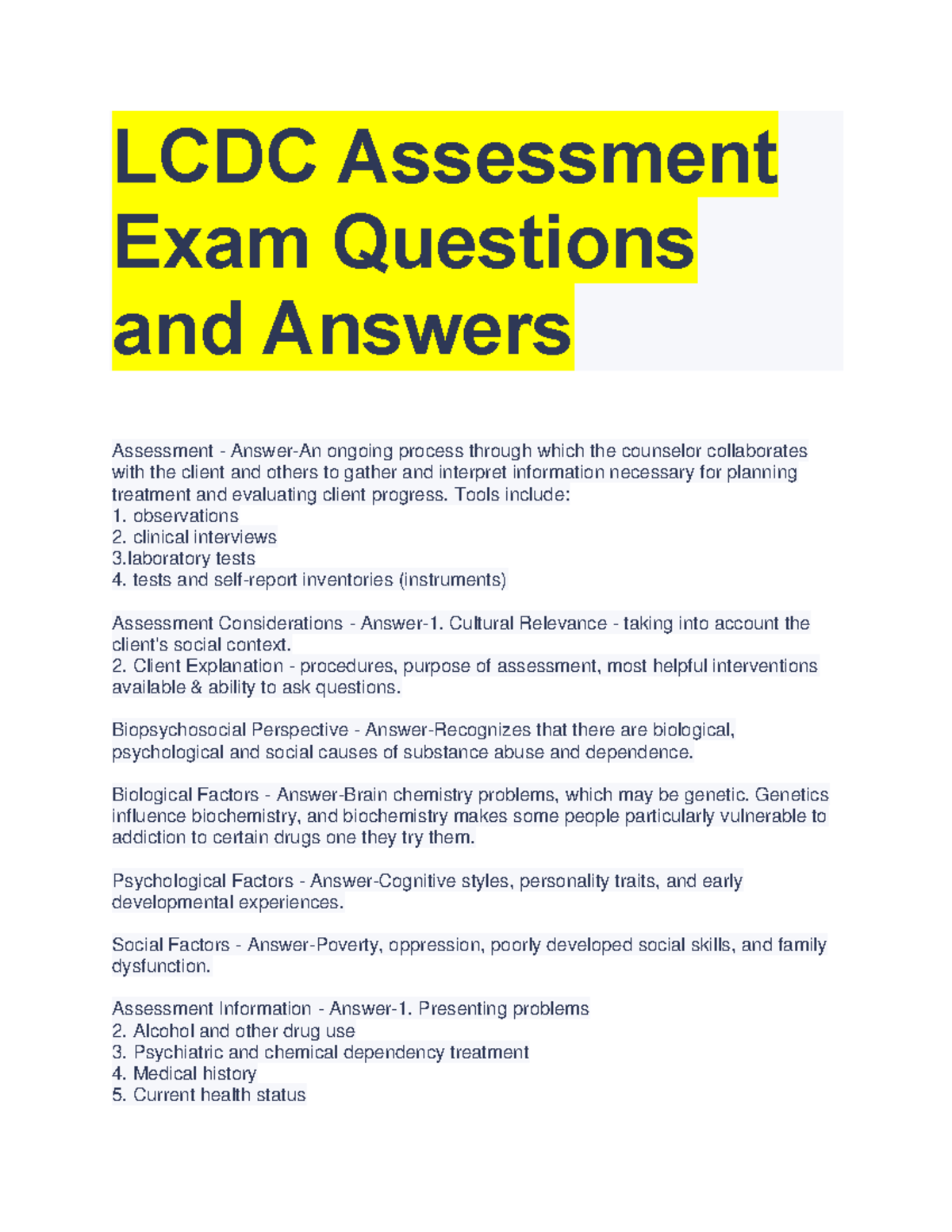 LCDC Assessment Exam Questions and Answers - LCDC Assessment Exam Questions and Answers ...