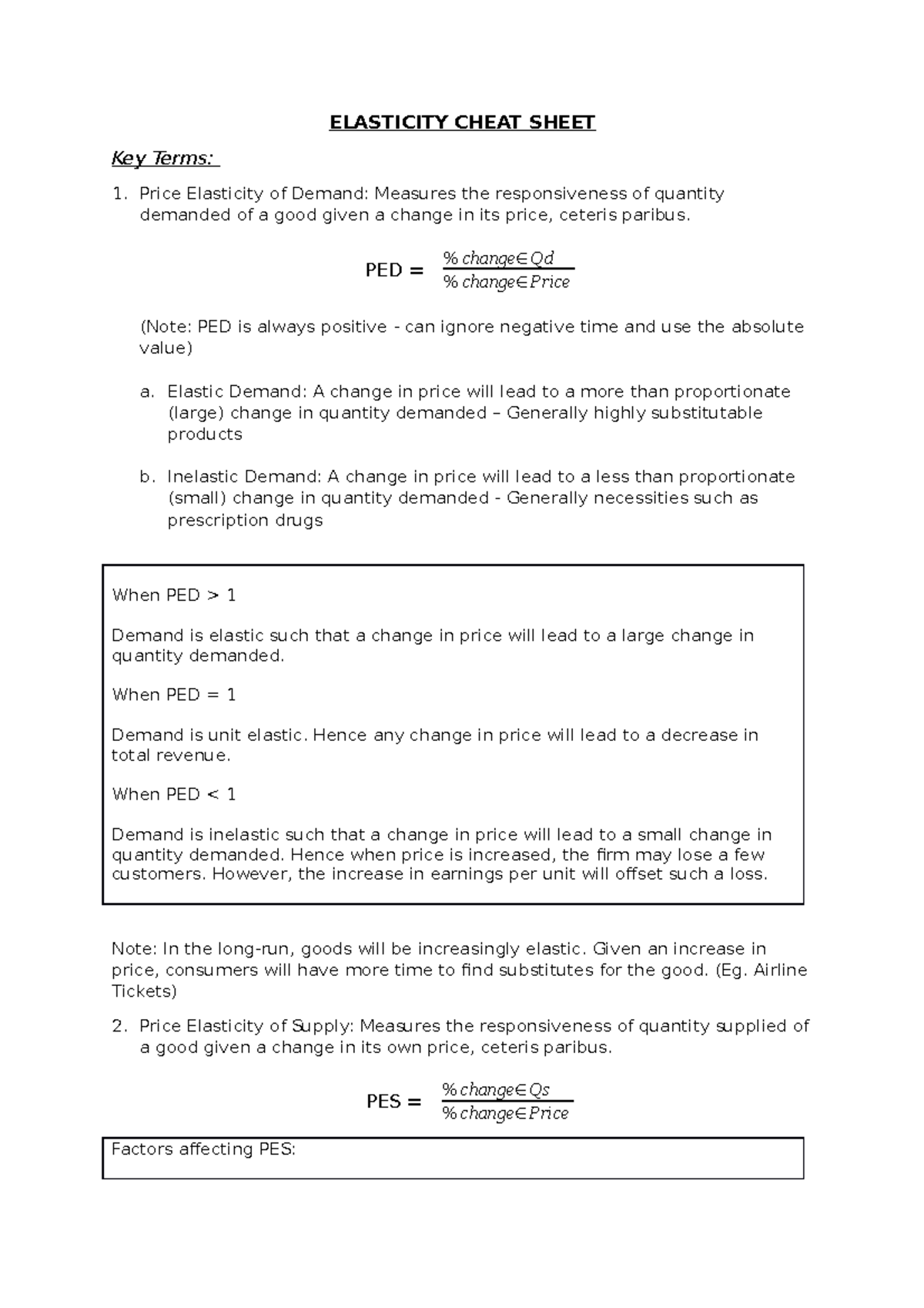 Elasticity Summary - ELASTICITY CHEAT SHEET Key Terms: 1. Price ...