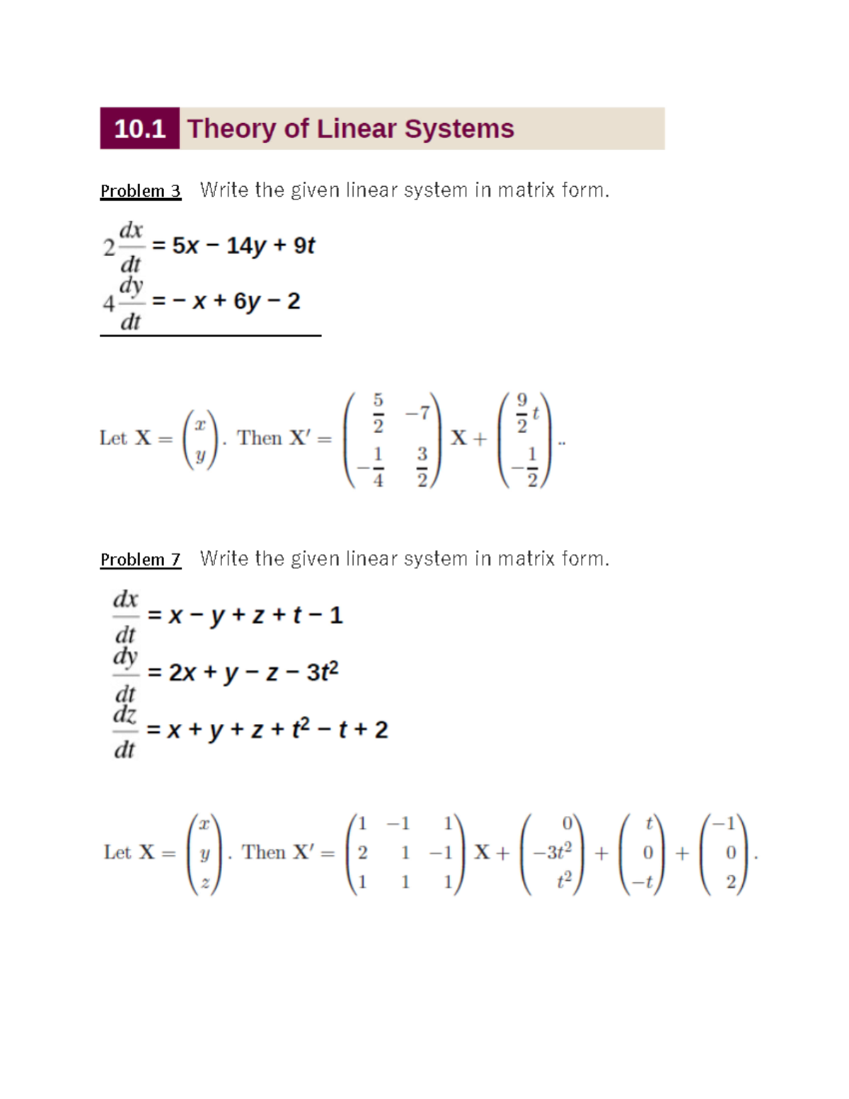 Chapter 10 Notes - Problem 3 Write the given linear system in matrix ...