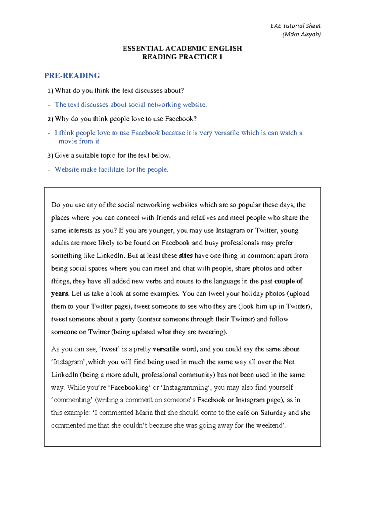 2 (Tutorial 3) - good - EAE Tutorial Sheet (Mdm Aisyah) ESSENTIAL ACADEMIC ENGLISH READING ...