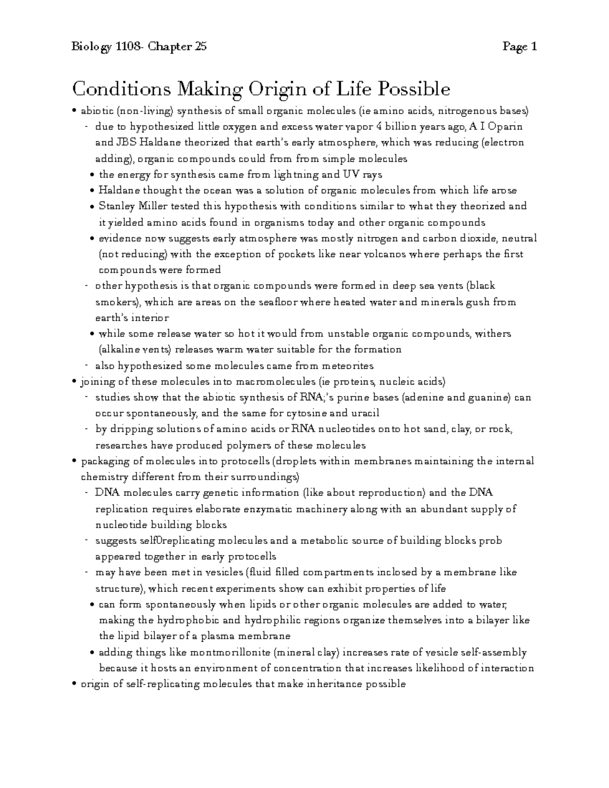 Biology 1108 Chapter 25 - Conditions Making Origin of Life Possible ...