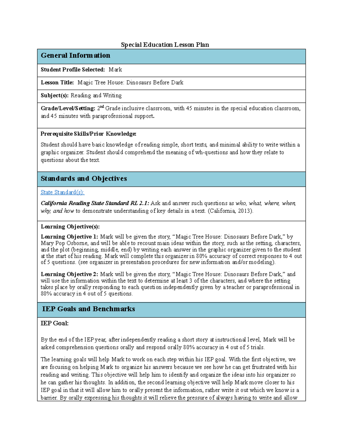Task 1: Special Education Lesson Plan for the student Mark - Special ...