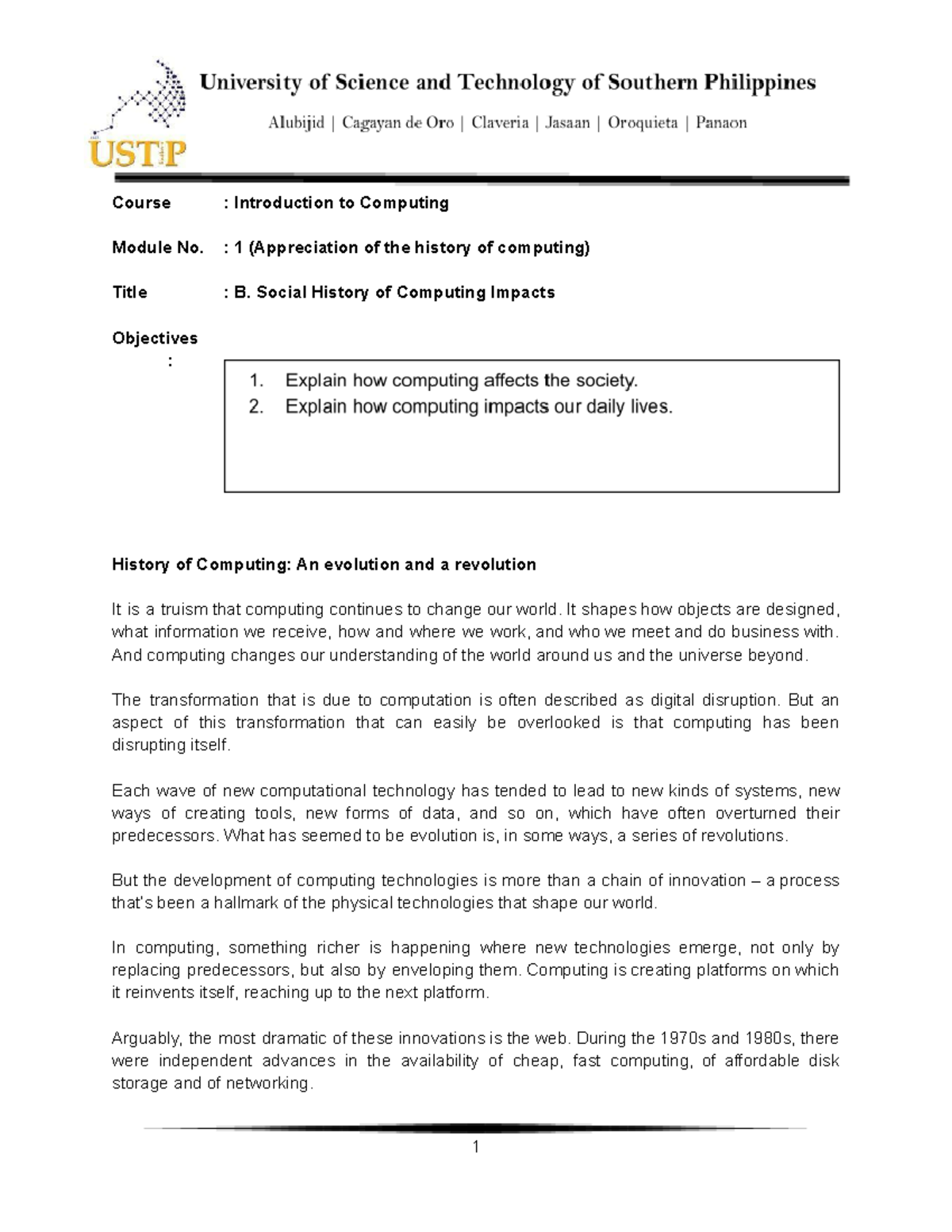 Social History of Computing Impacts - Course : Introduction to ...