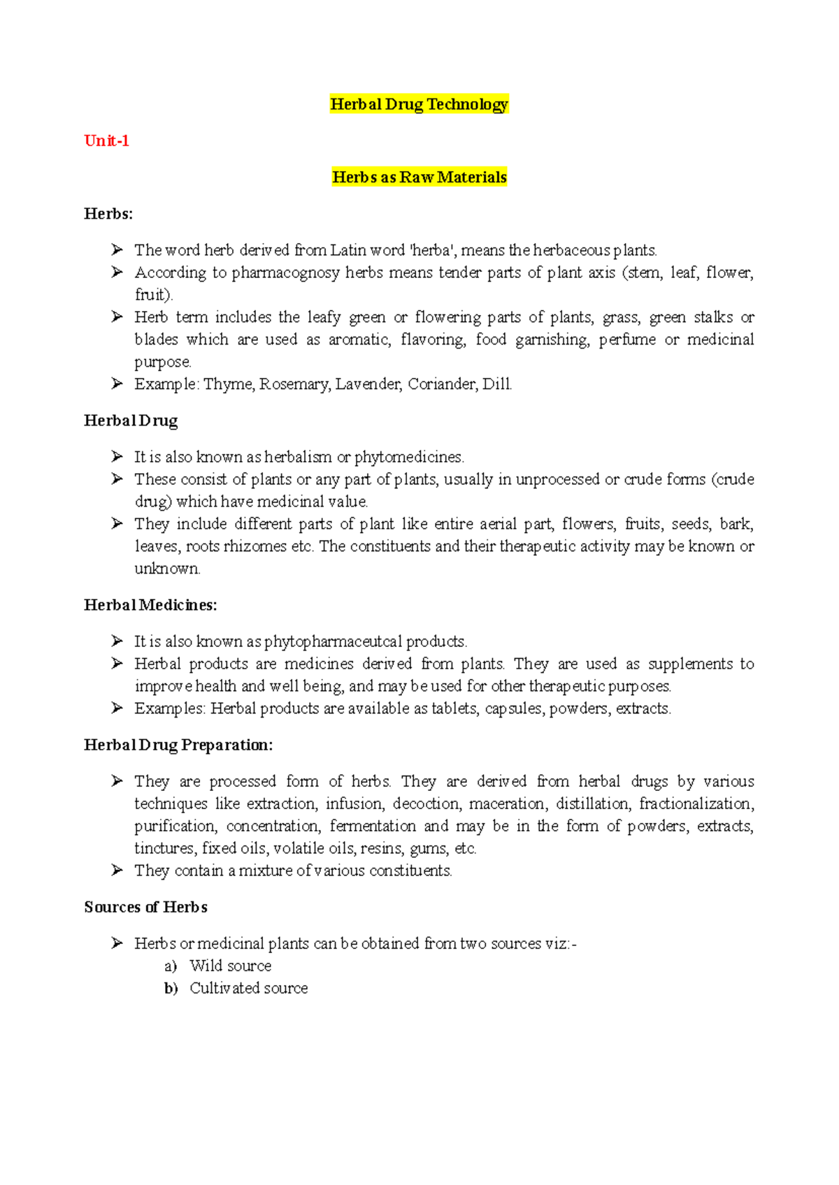 HDT Notes (Unit-1) - Herbal Drug Technology Unit- 1 Herbs as Raw ...