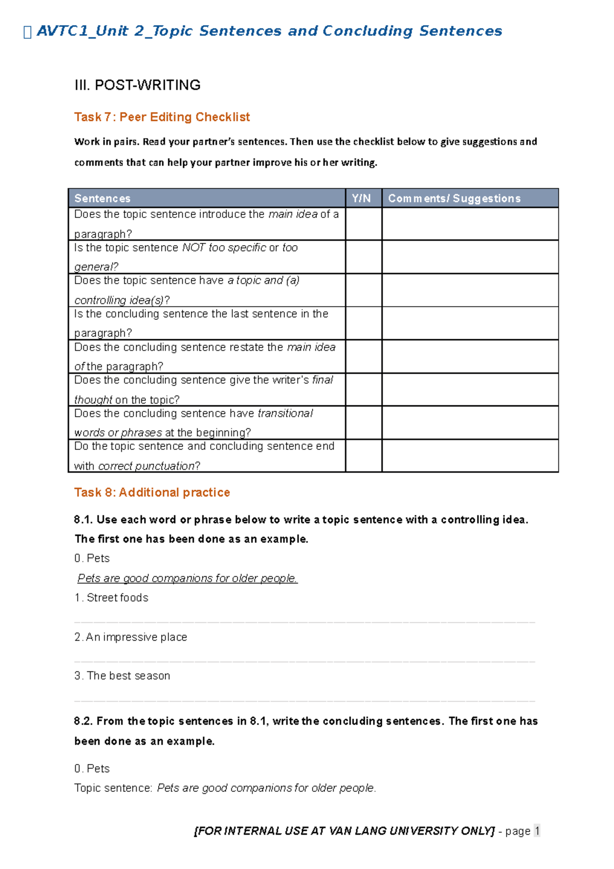 [Official] AVTC1 - Unit 2 - Topic sentences and concluding sentences ...