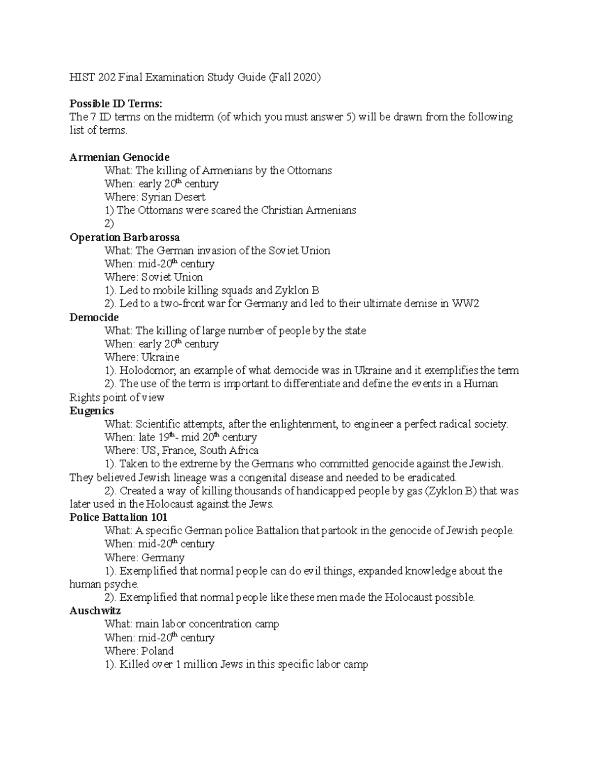 Final Exam Study Guide (Fall 2020) - HIST 202 Final Examination Study ...