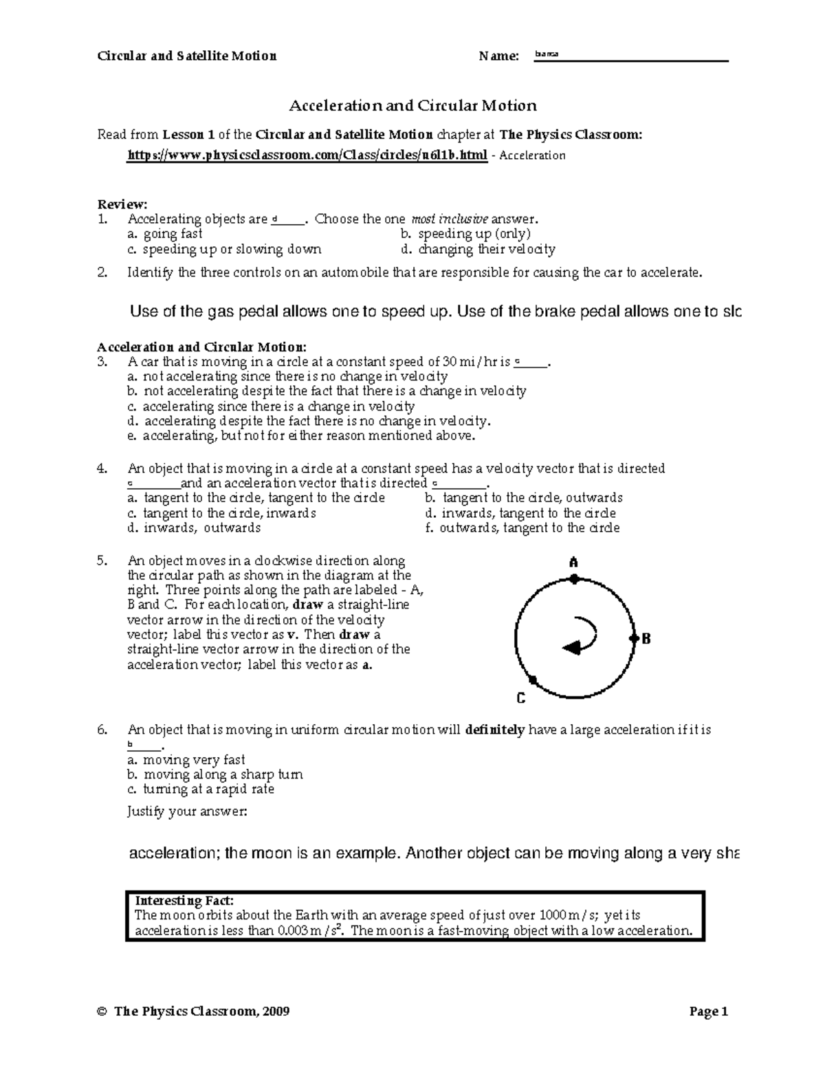 Acceleration and Circular Motion Activity Changes - Circular and ...