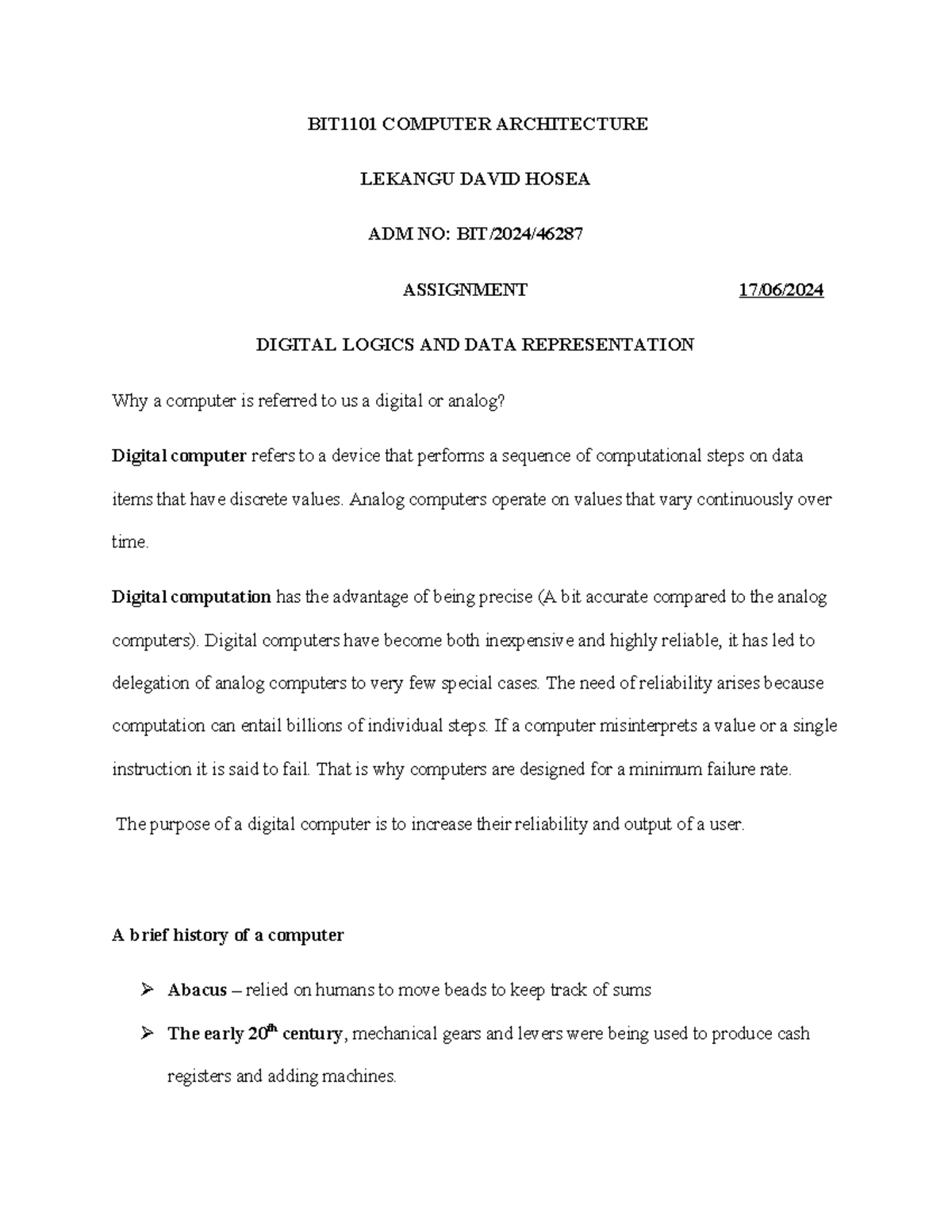 Digital Logics AND DATA Representation - BIT1101 COMPUTER ARCHITECTURE ...