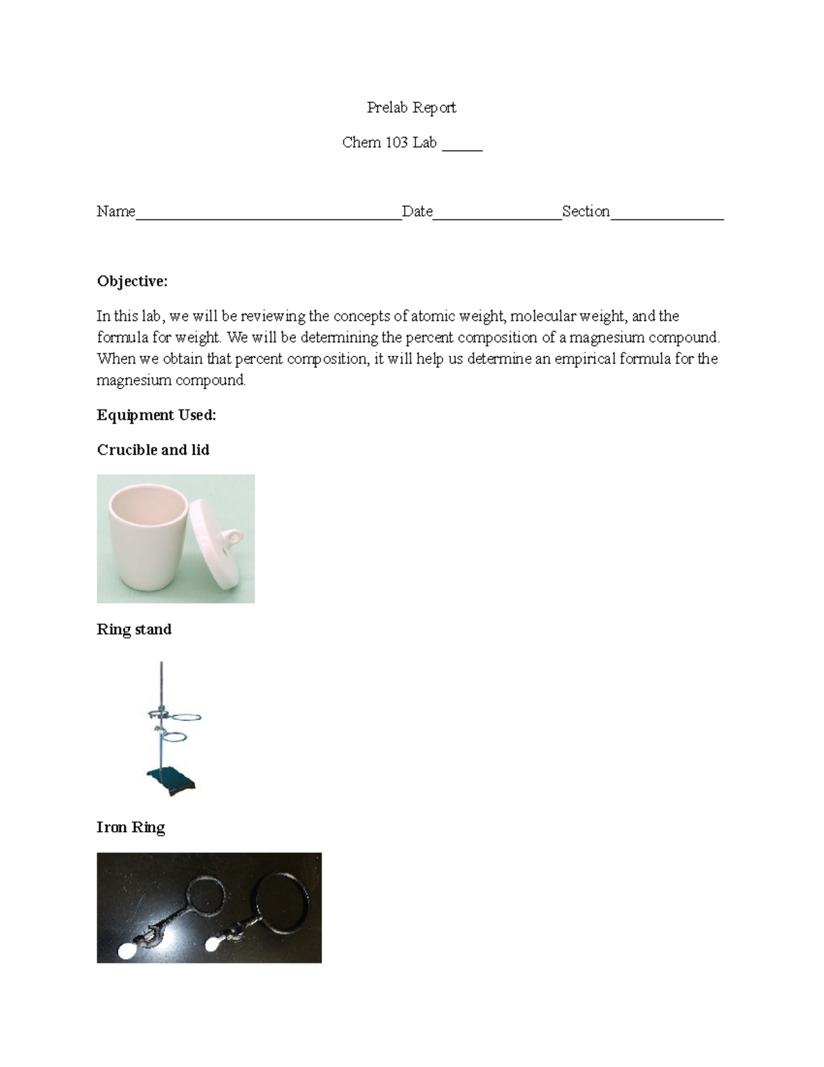 Prelab Report- lab 5 - n/a - Prelab Report Chem 103 Lab _____ - Studocu