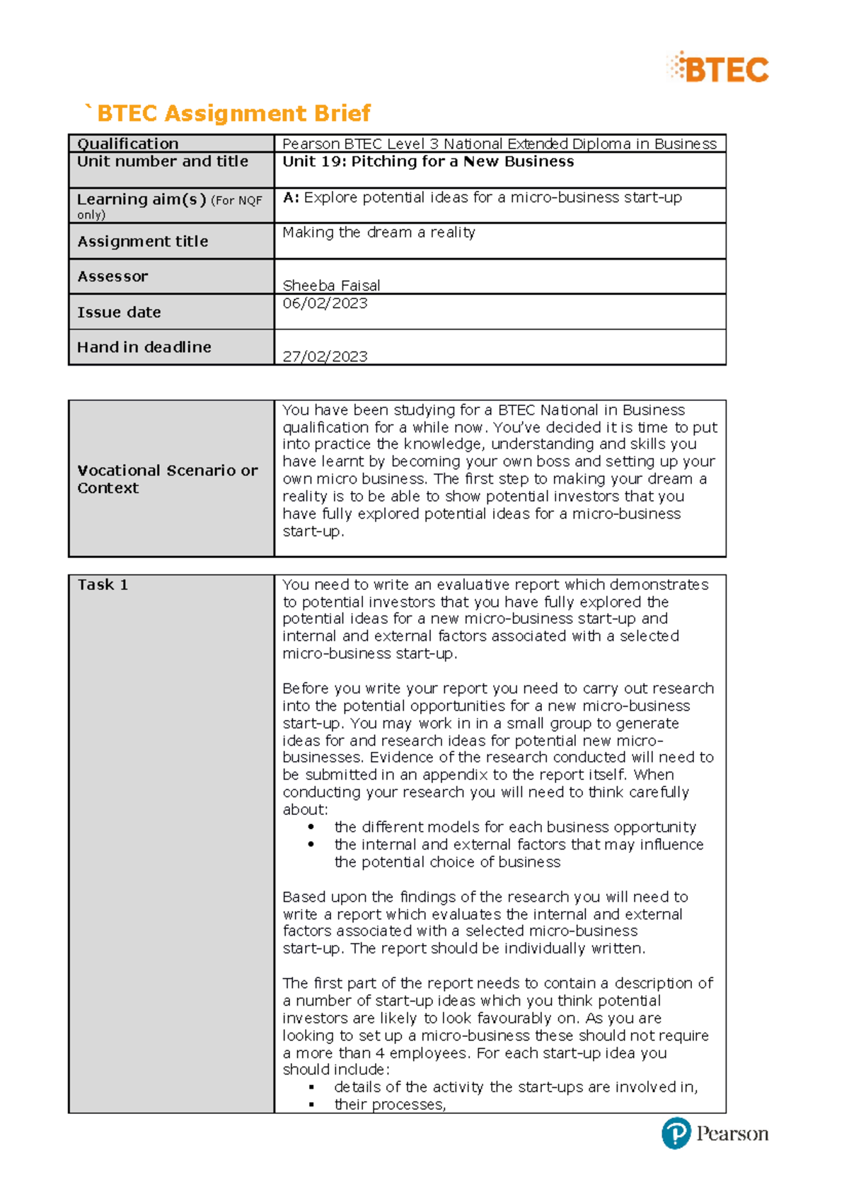 Unit 19 Assignment 1 Brief - `BTEC Assignment Brief Qualification Pearson BTEC Level 3 National ...