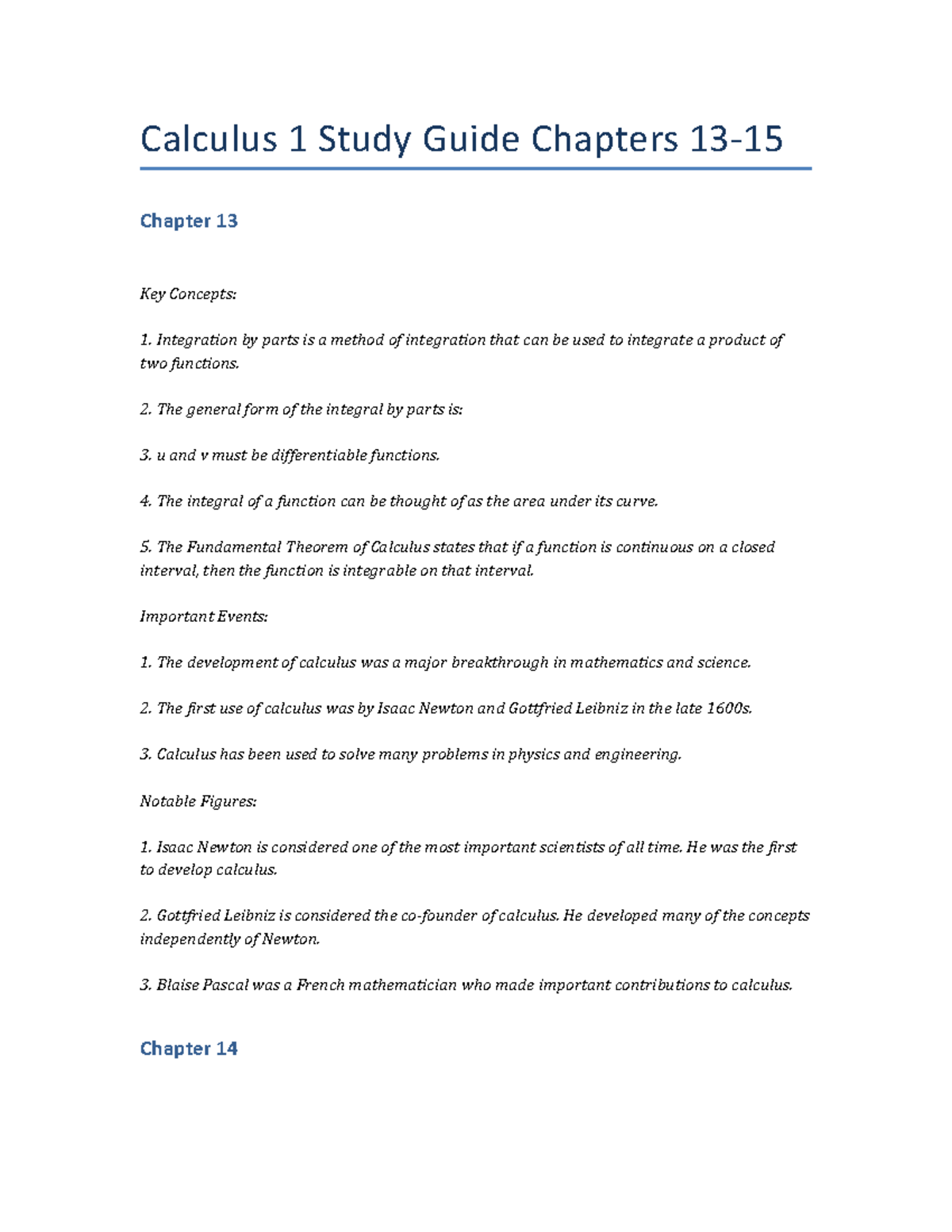 Calculus 1 Study Guide Chapters 13-15 - The general form of the ...