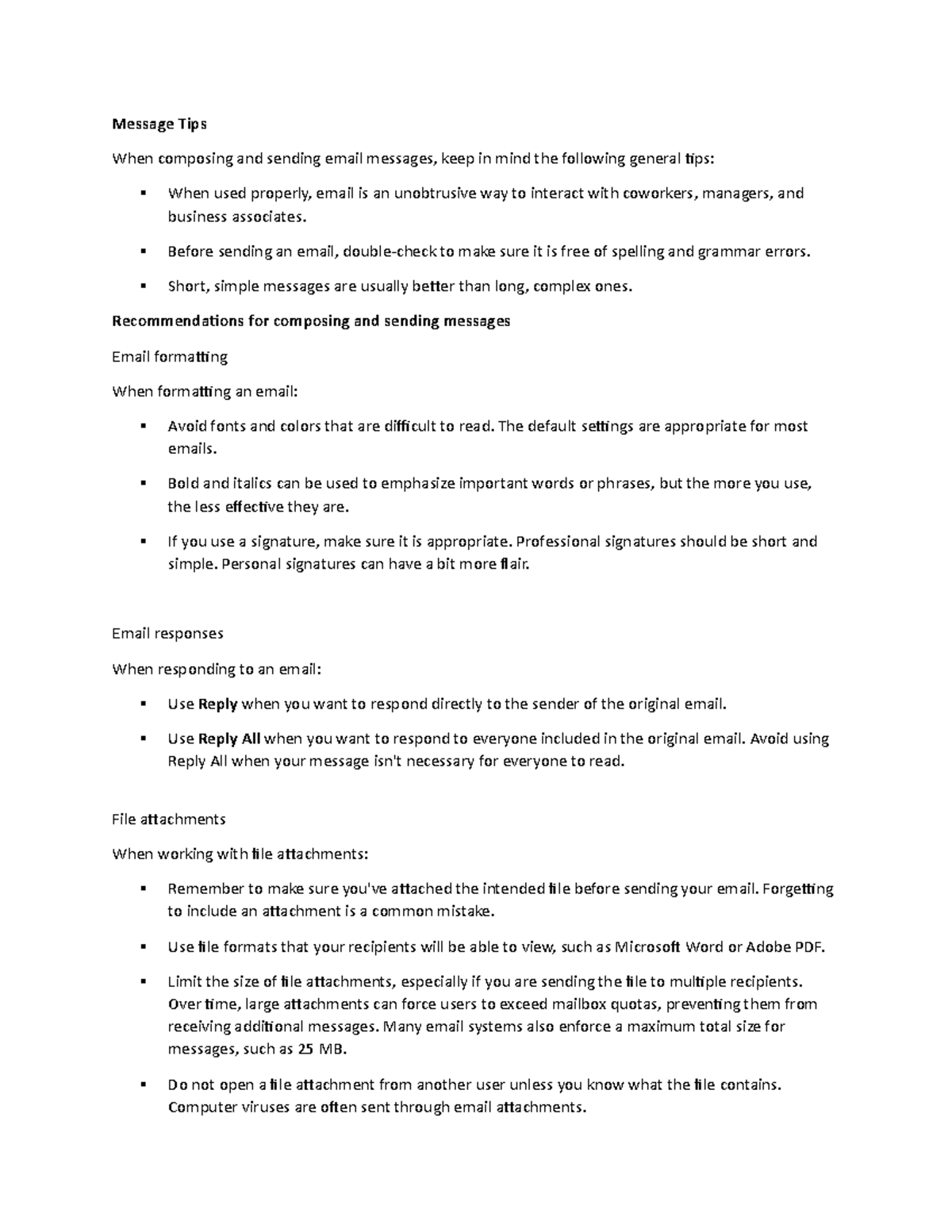 Lecture Notes 8 - Message Tips When composing and sending email ...