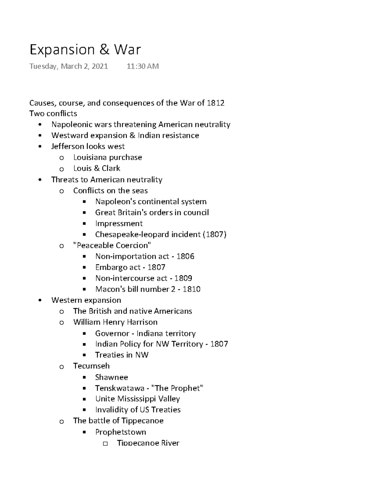 Expansion & War - Lecture notes 8 - Causes, course, and consequences of ...