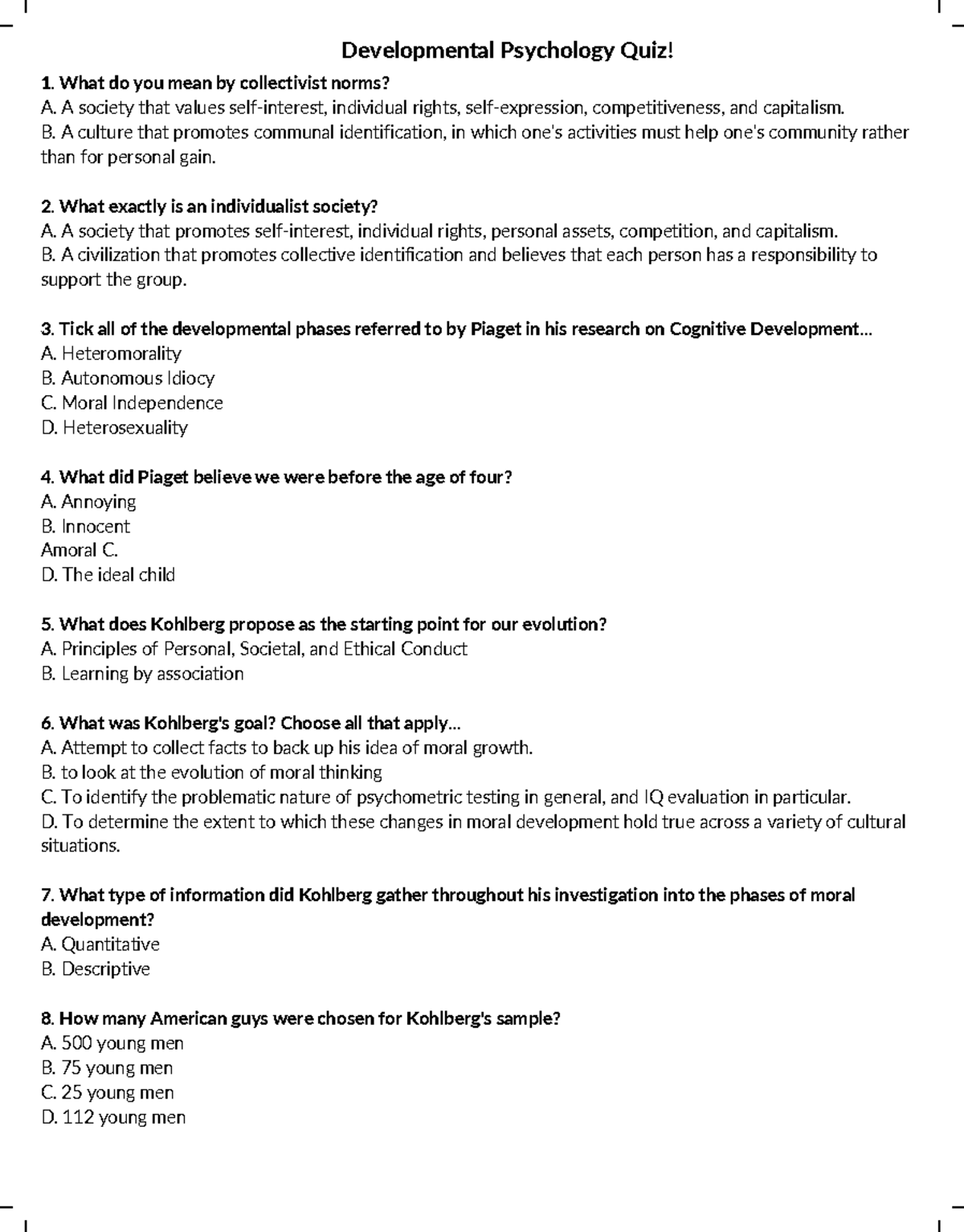 Developmental Psychology Quiz - Developmental Psychology Quiz! What do ...