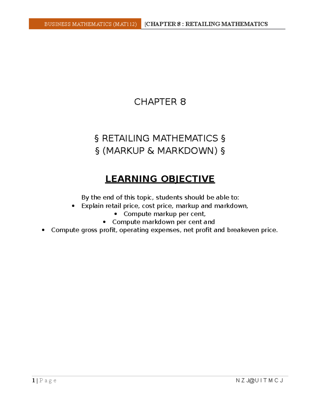 Chapter 8 Retailing Mathematics - CHAPTER 8 § RETAILING MATHEMATICS ...
