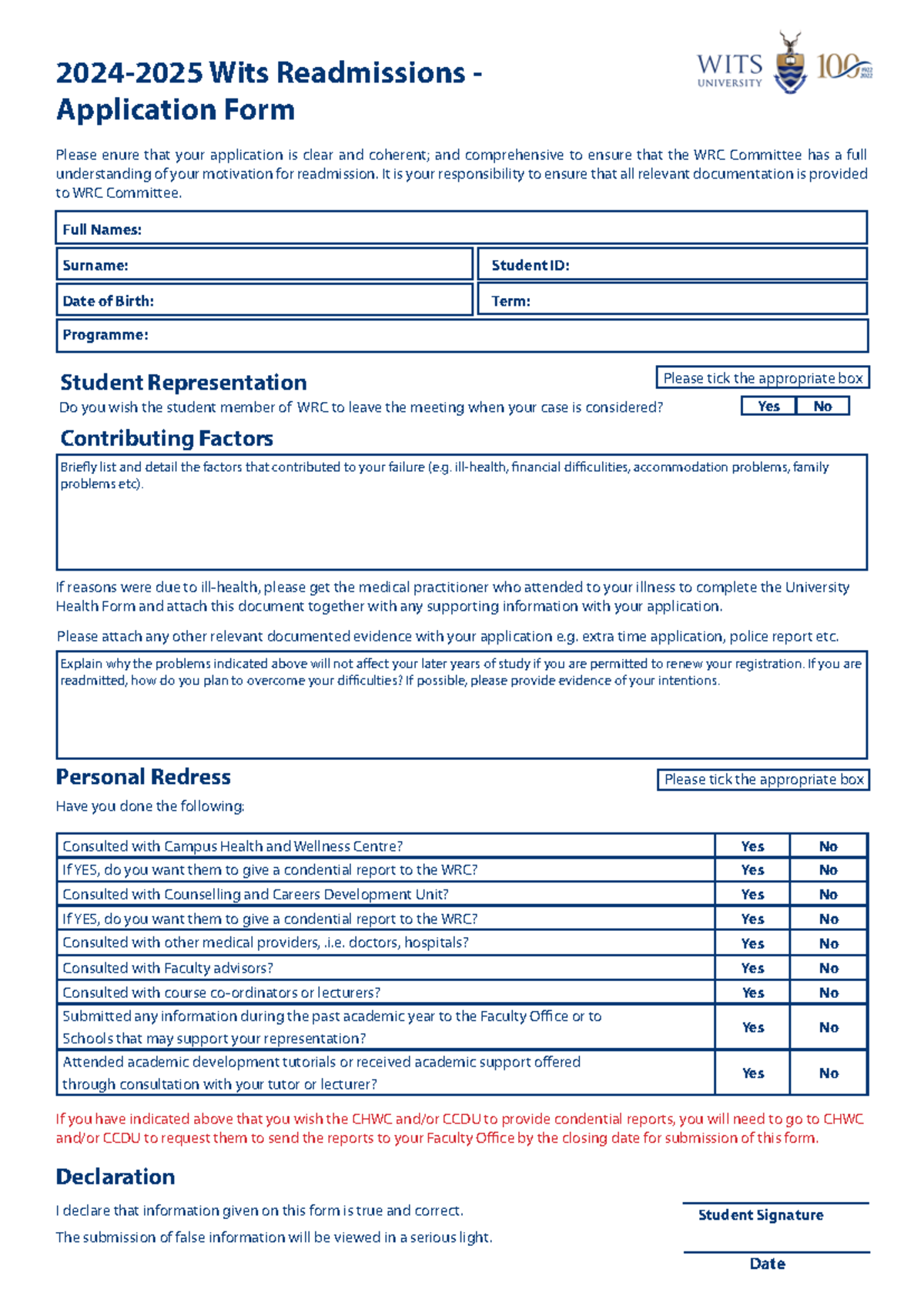 2024-2025 WRC Application Form - 2024 -202 5 Wits Readmissions ...