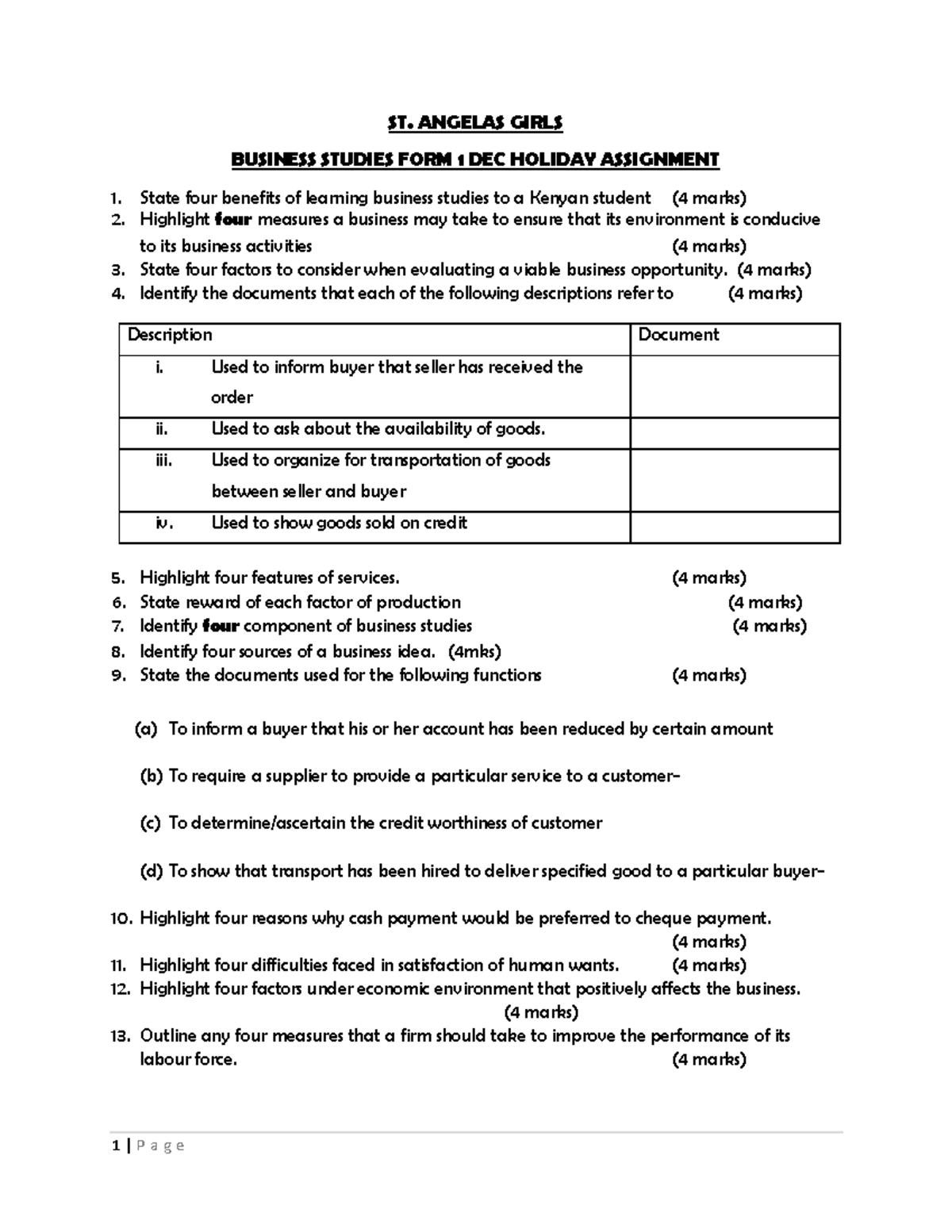 Business Studies Form 1 - 1 | P a g e ST. ANGELAS GIRLS BUSINESS ...