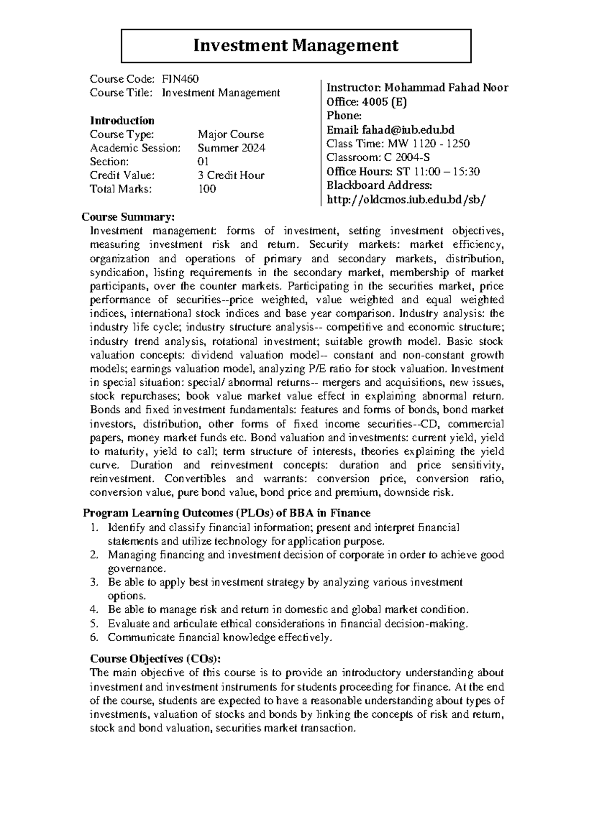 Course Outline FIN460 Summer 24 - Course Code: FIN 460 Course Title ...