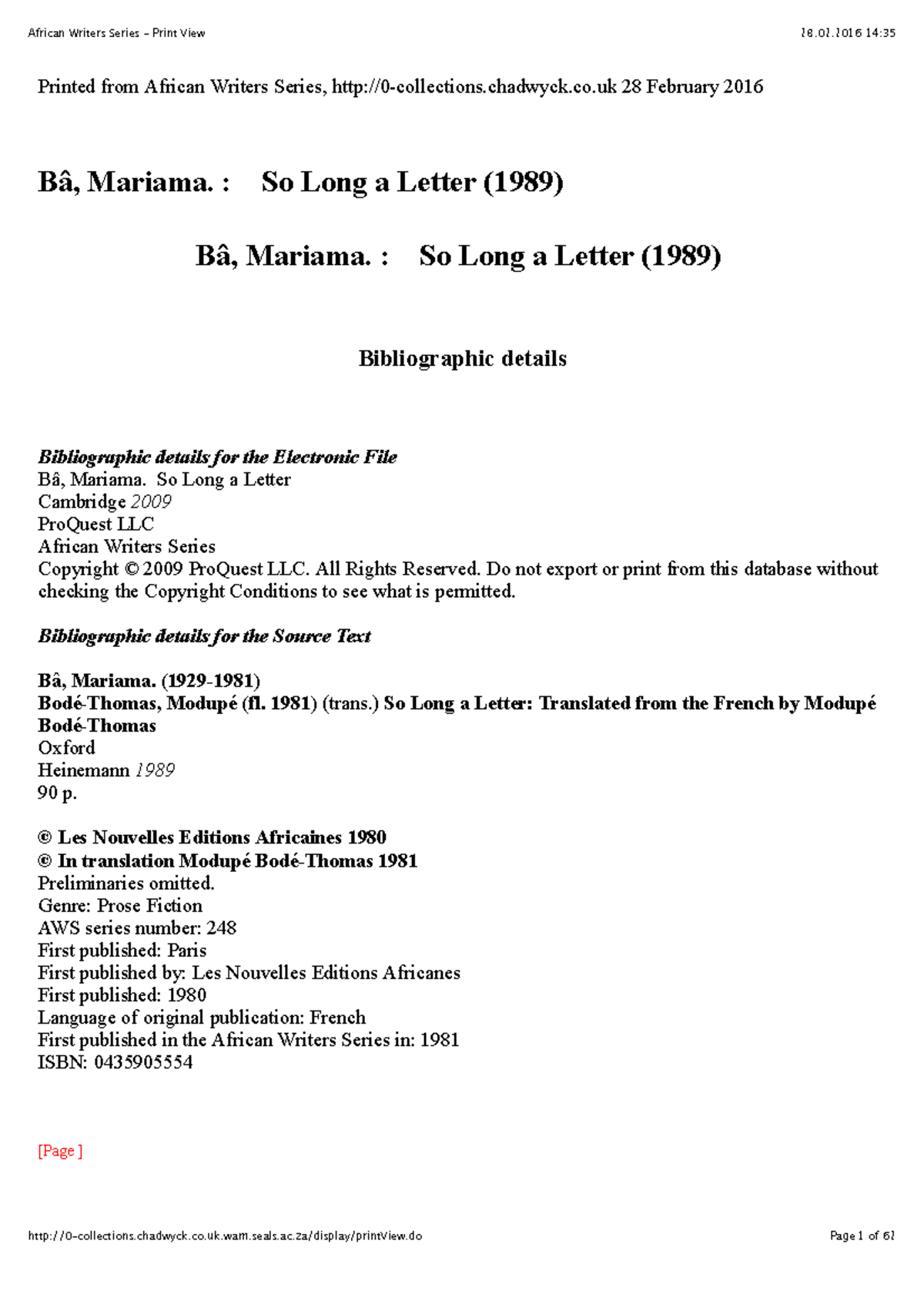 Ba-mariama so-long-a-letter - Printed from African Writers Series, 0 ...