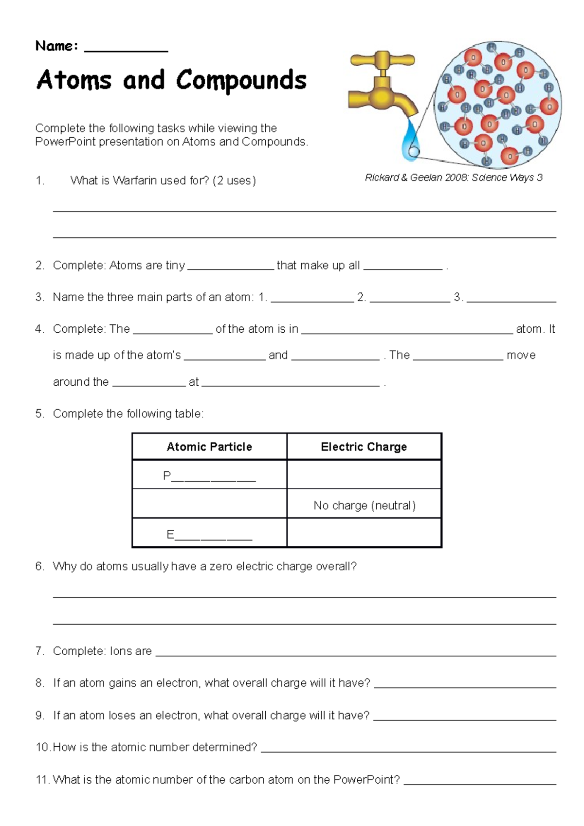 Atoms and Compounds - Review - Name: Atoms and Compounds Complete the ...