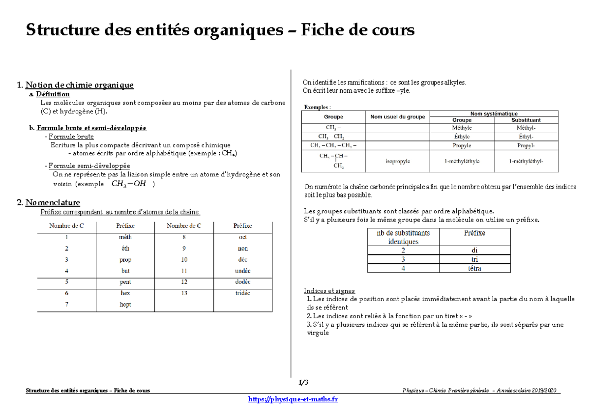 structure entité chimique - Structure des entités organiques – Fiche de cours 1. Notion de ...